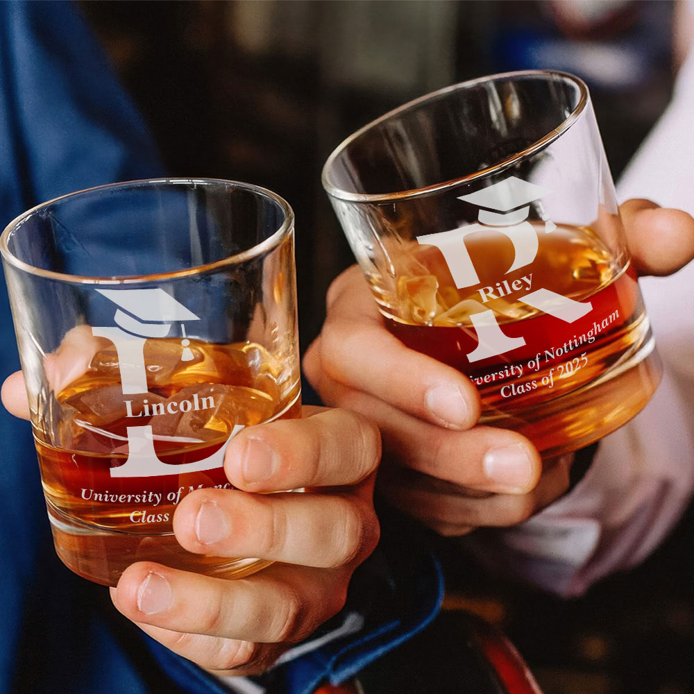 Personalized Grad Cap Initial Name 10 oz Whiskey Rocks Glasses Slate ...