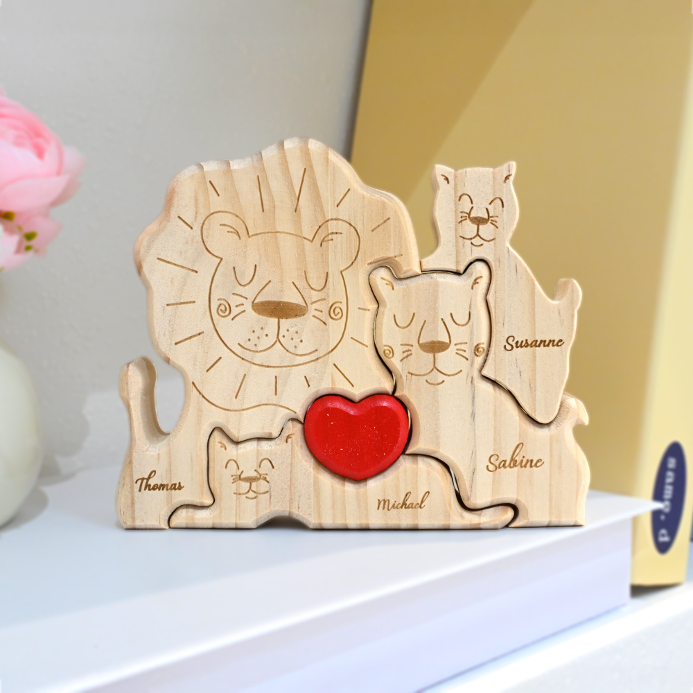 Personalized Wooden Lion Family Red Heart Puzzle with Engraved 2-5 ...