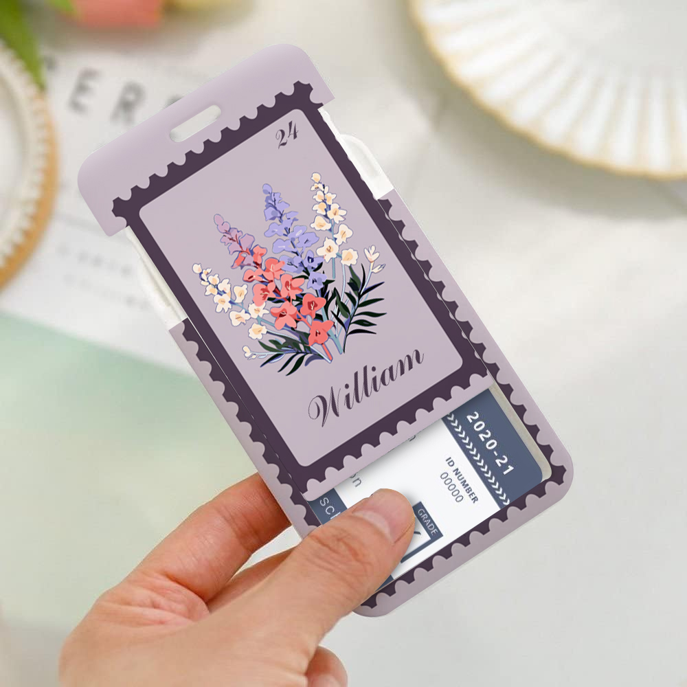 Personalized Vintage Stamps Birth Flower Card Holder with Name and Date ...