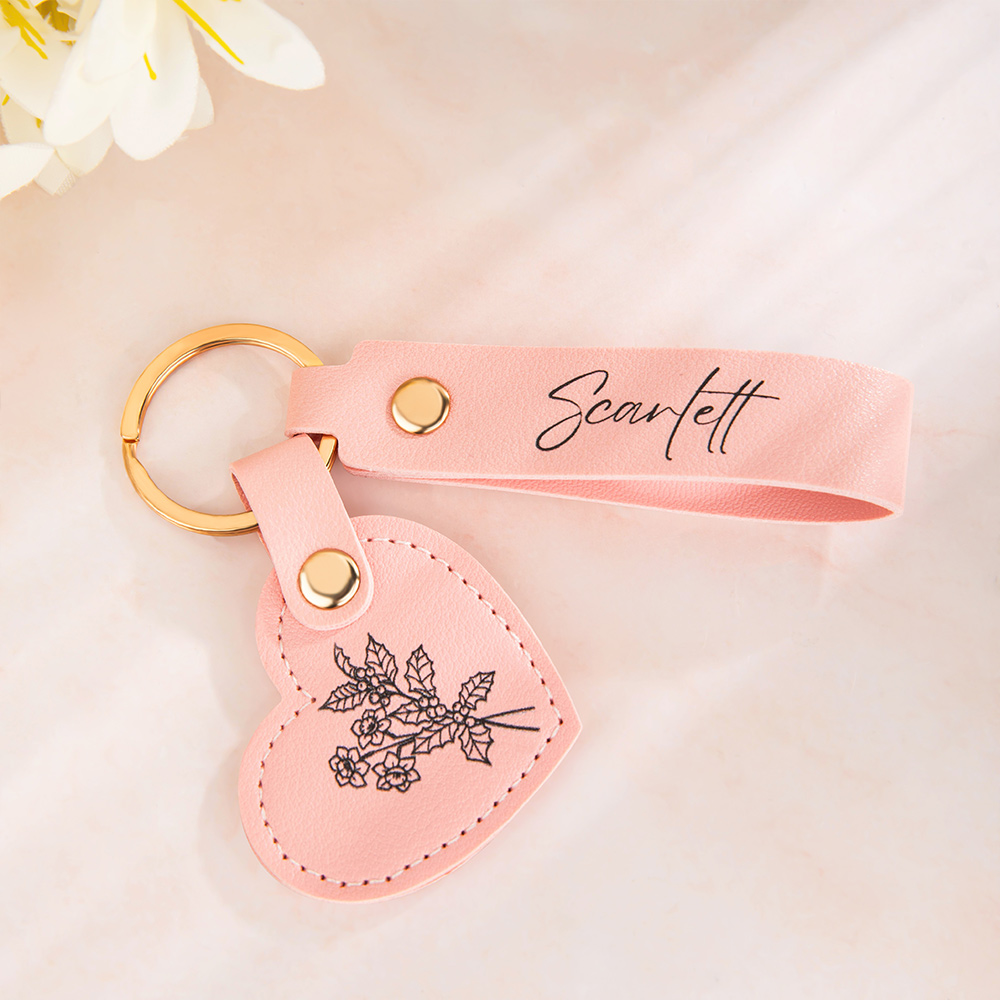 Personalized Birth Flower Leather Heart Name Tag Keychain Backpack ...
