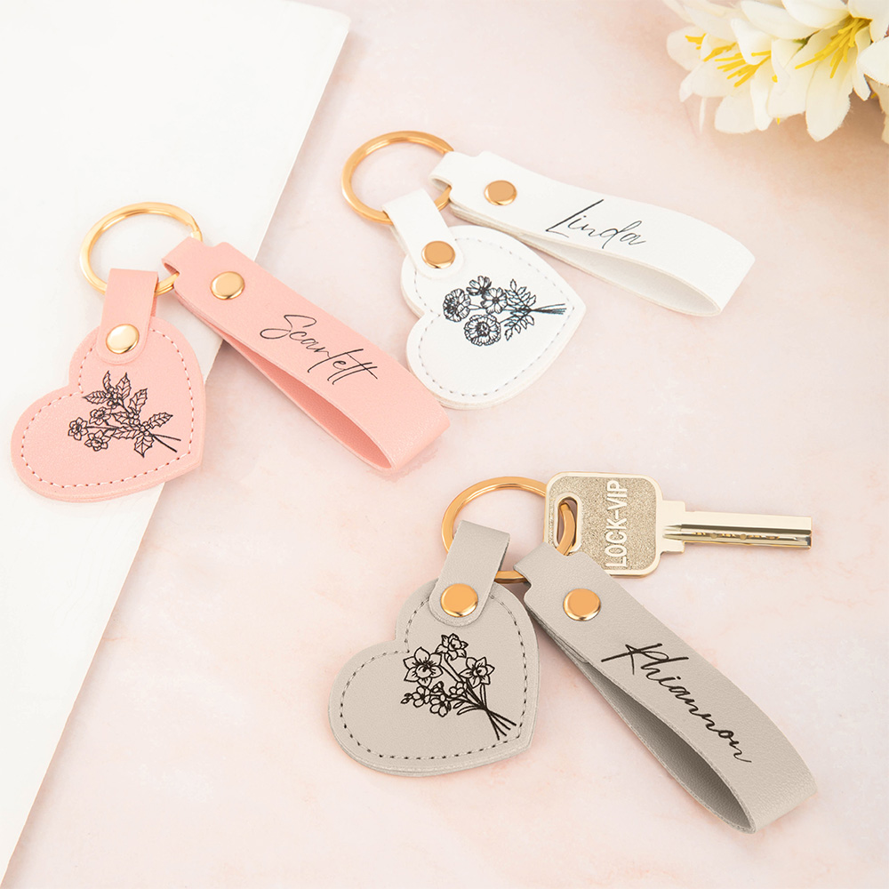 Personalized Birth Flower Leather Heart Name Tag Keychain Backpack ...