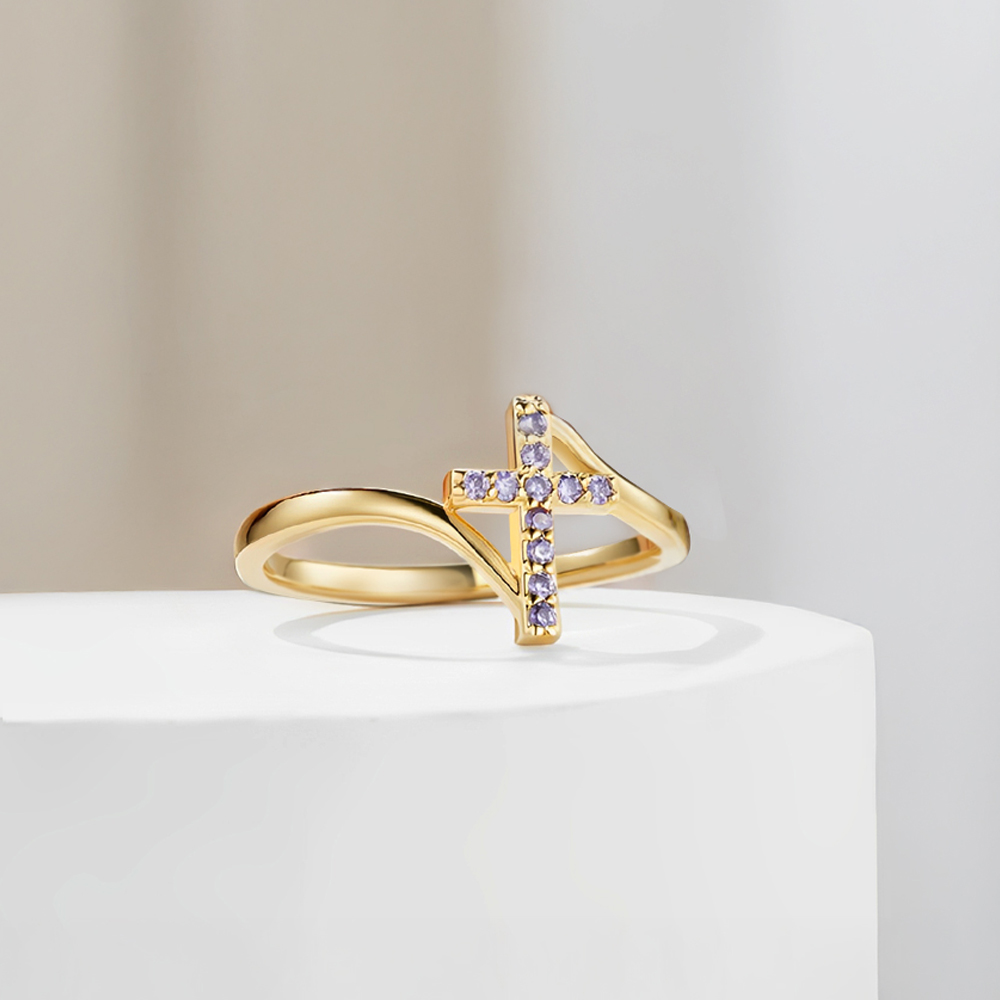 Personalized Birthstone Cross Dainty Ring Minimalist Jewelry Birthday Religious Baptism Gift for ...