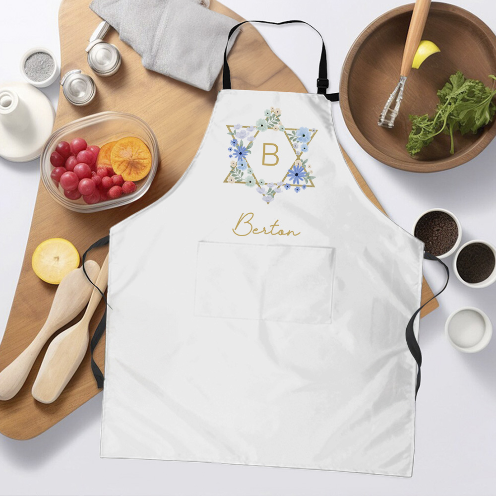 Personalised Floral Jewish Star Waterproof Apron with Name and Front ...
