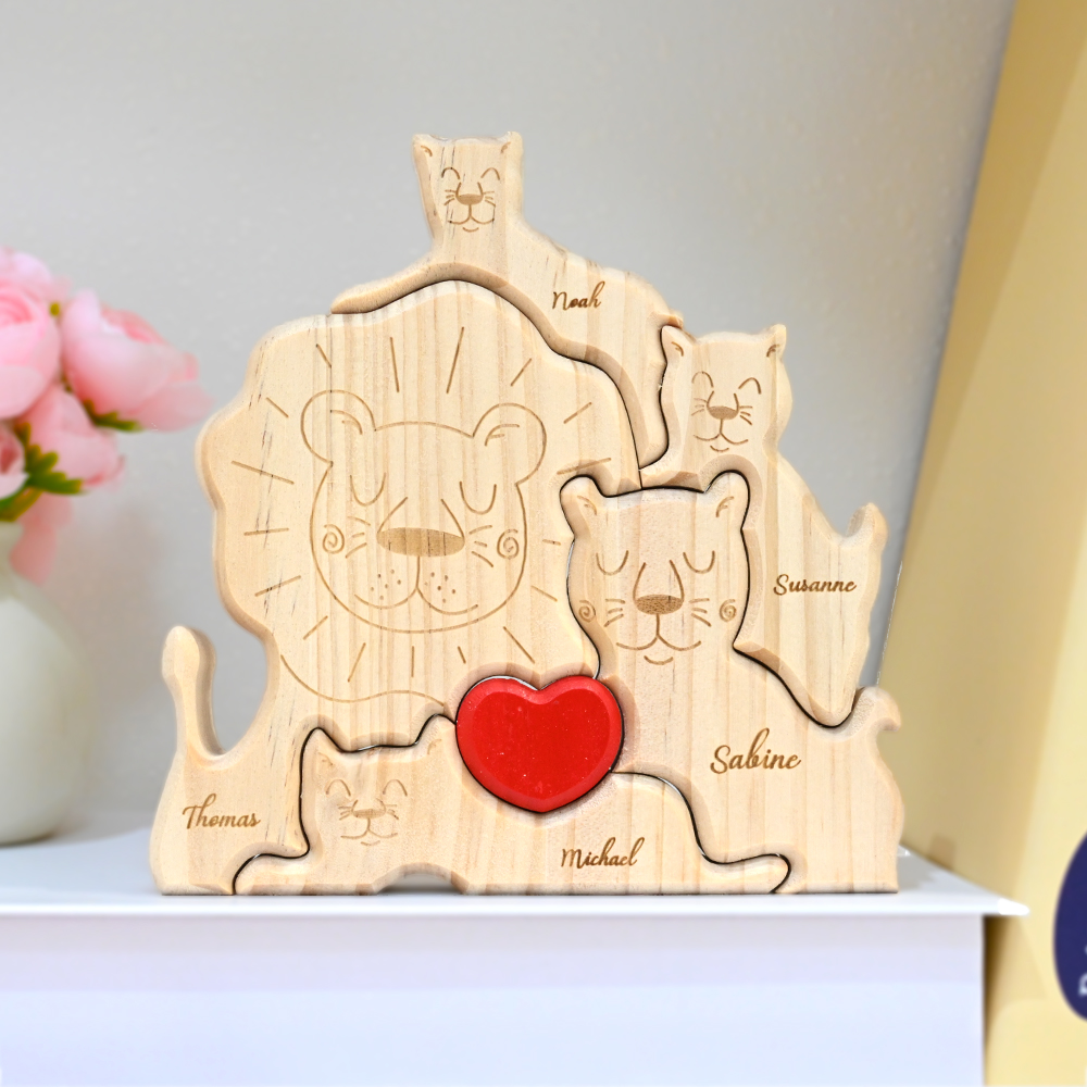 Personalized Wooden Lion Family Red Heart Puzzle with Engraved 2-5 ...