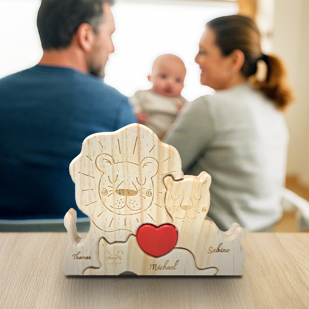 Personalized Wooden Lion Family Red Heart Puzzle with Engraved 2-5 ...