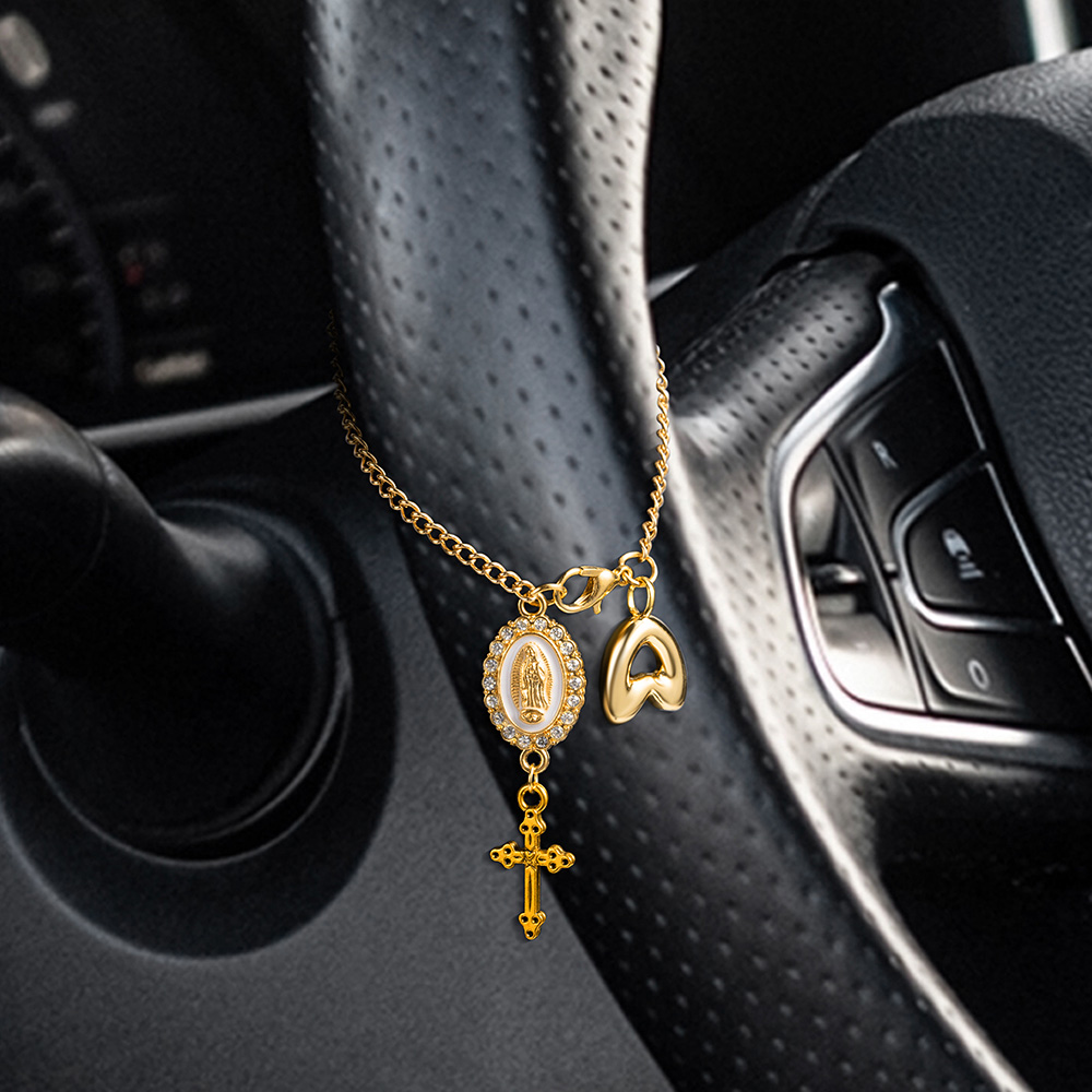 Personalized Zircon Virgin Mary and Cross Steering Wheel Rosary Charm ...