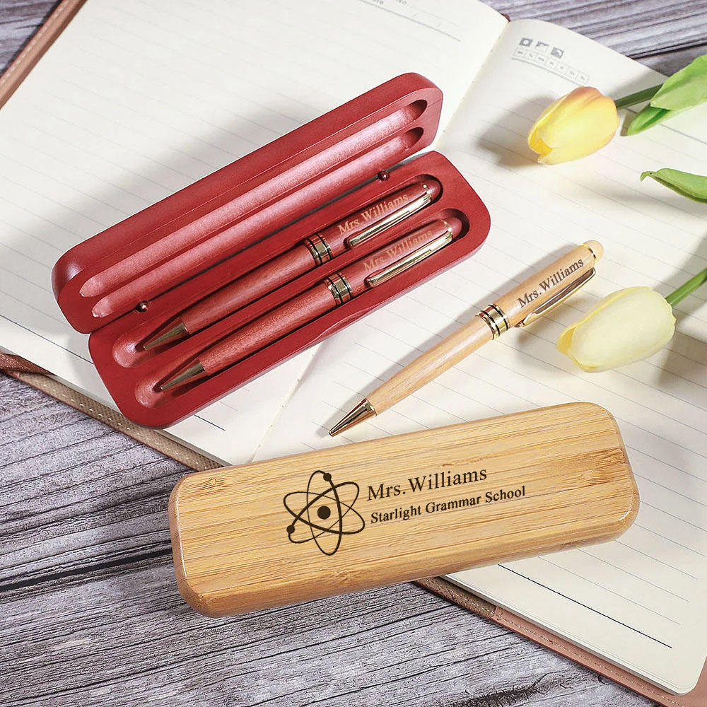Personalized Engraved Teacher Subject Pattern Wooden Ballpoint Pen and Case Set with Name and ...