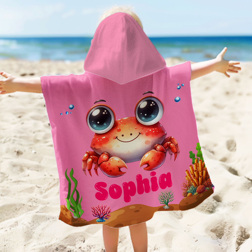 Serviette de Plage à Capuche Personnalisée avec Motifs Multicolores d’Animaux Marins et Nom ...