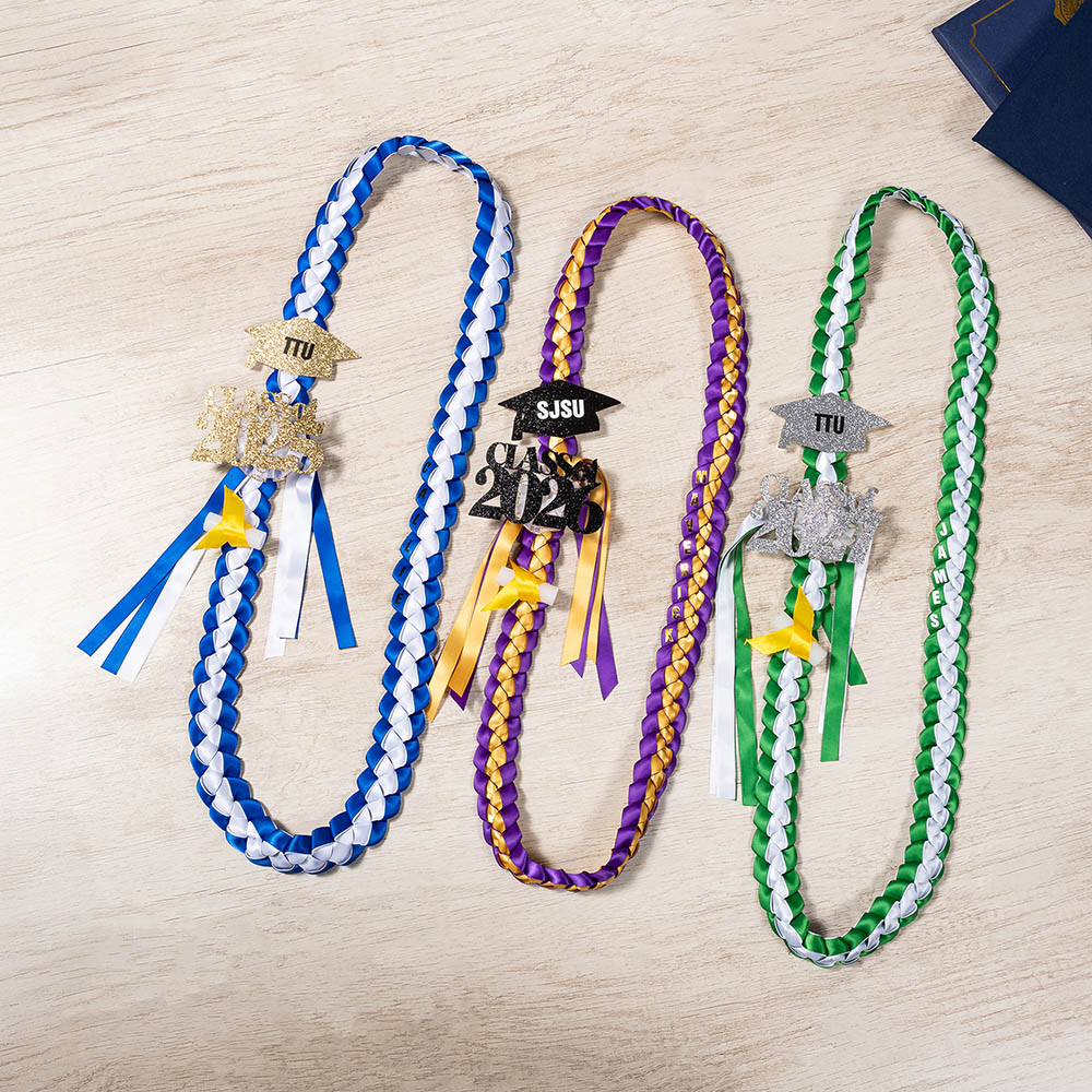 Personalized Two-colored Ribbon Braided Lei with Glitter Grad Cap Tag ...