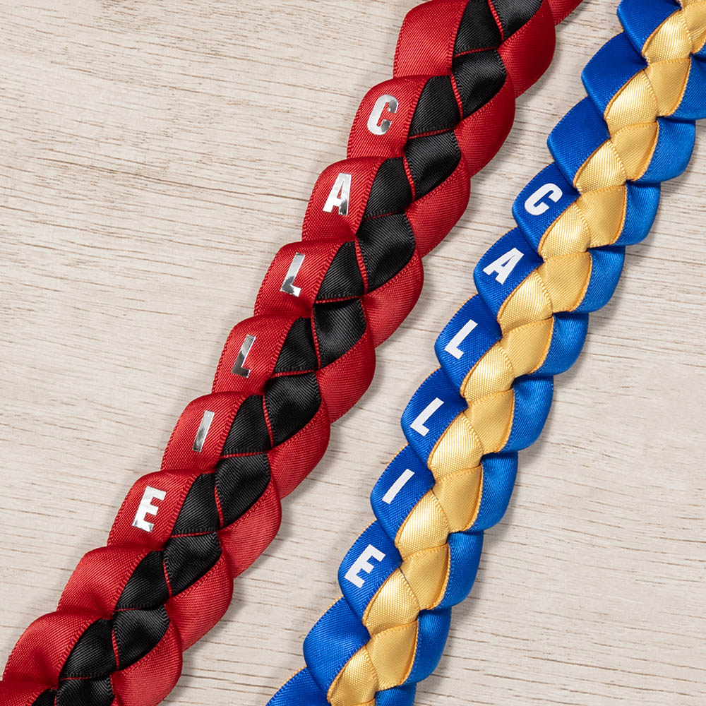 Personalized Two-colored Ribbon Braided Lei with Glitter Grad Cap Tag ...