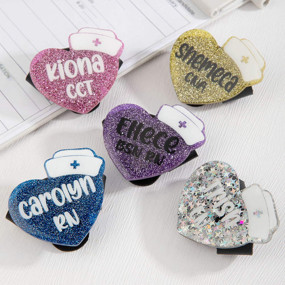 Personalized Glitter Heart Nurse Cap Concealed Snap Stethoscope ID Tag ...