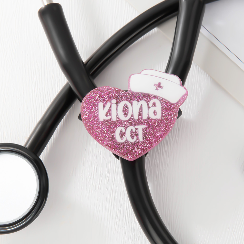 Personalized Glitter Heart Nurse Cap Concealed Snap Stethoscope ID Tag with Name Job Title ...
