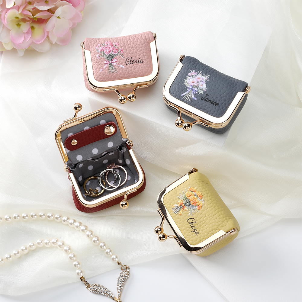 Personalized Birth Flower Bouquet Vintage Mini Leather Jewelry Box with ...