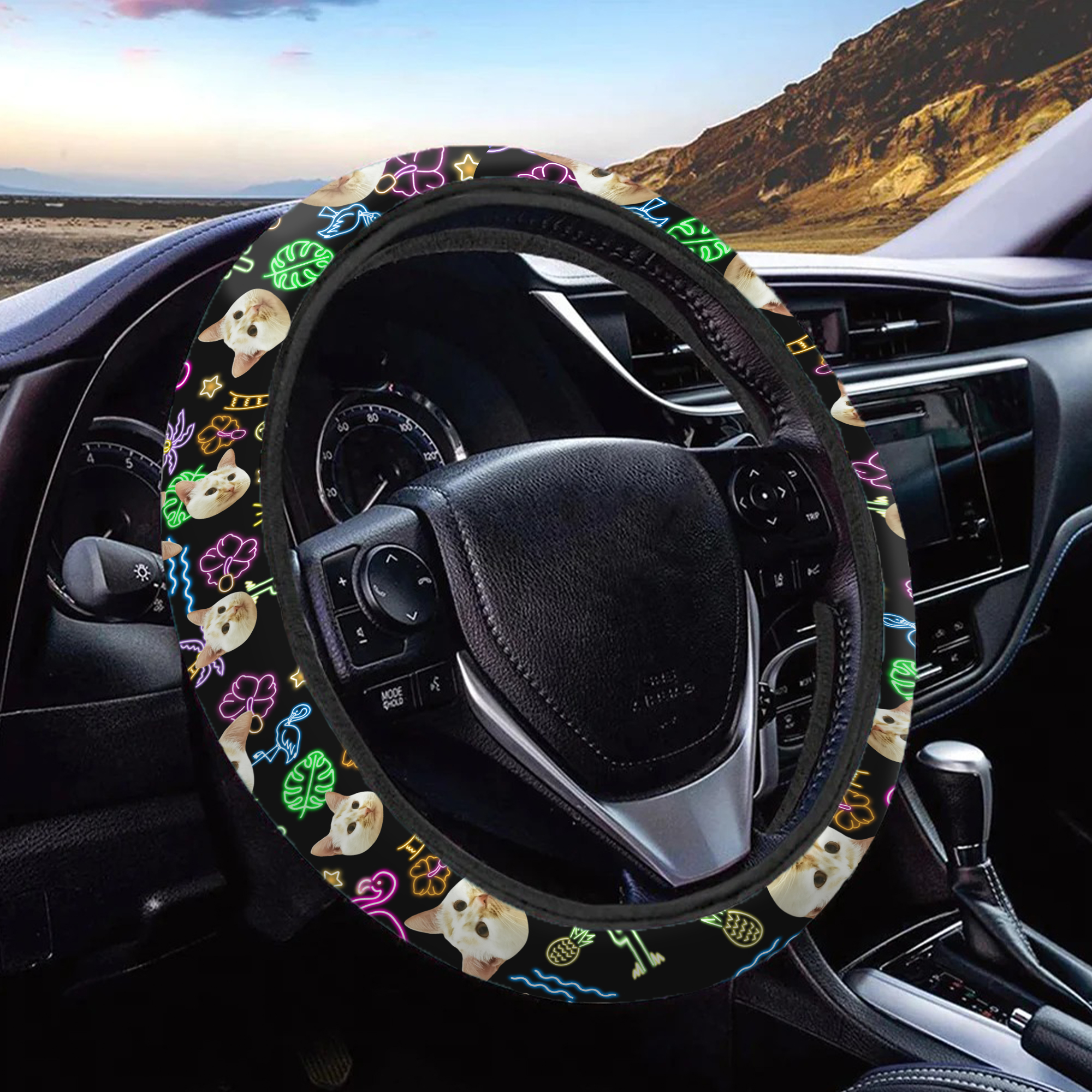 Personalised Fluorescent Flamingo Coconut Tree Anti-Slip Car Steering ...