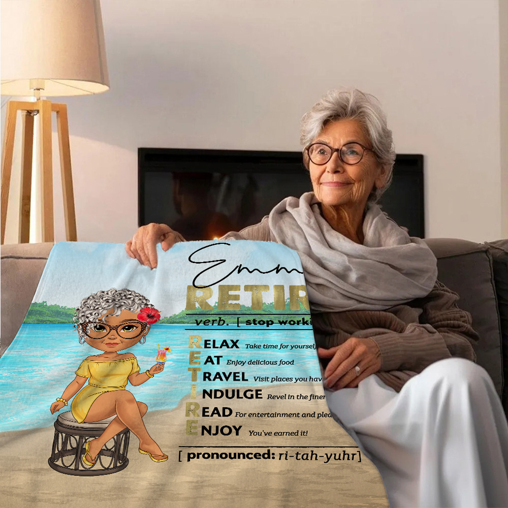 Personalized Retired Woman Cartoon Character Throw Blanket with Name ...