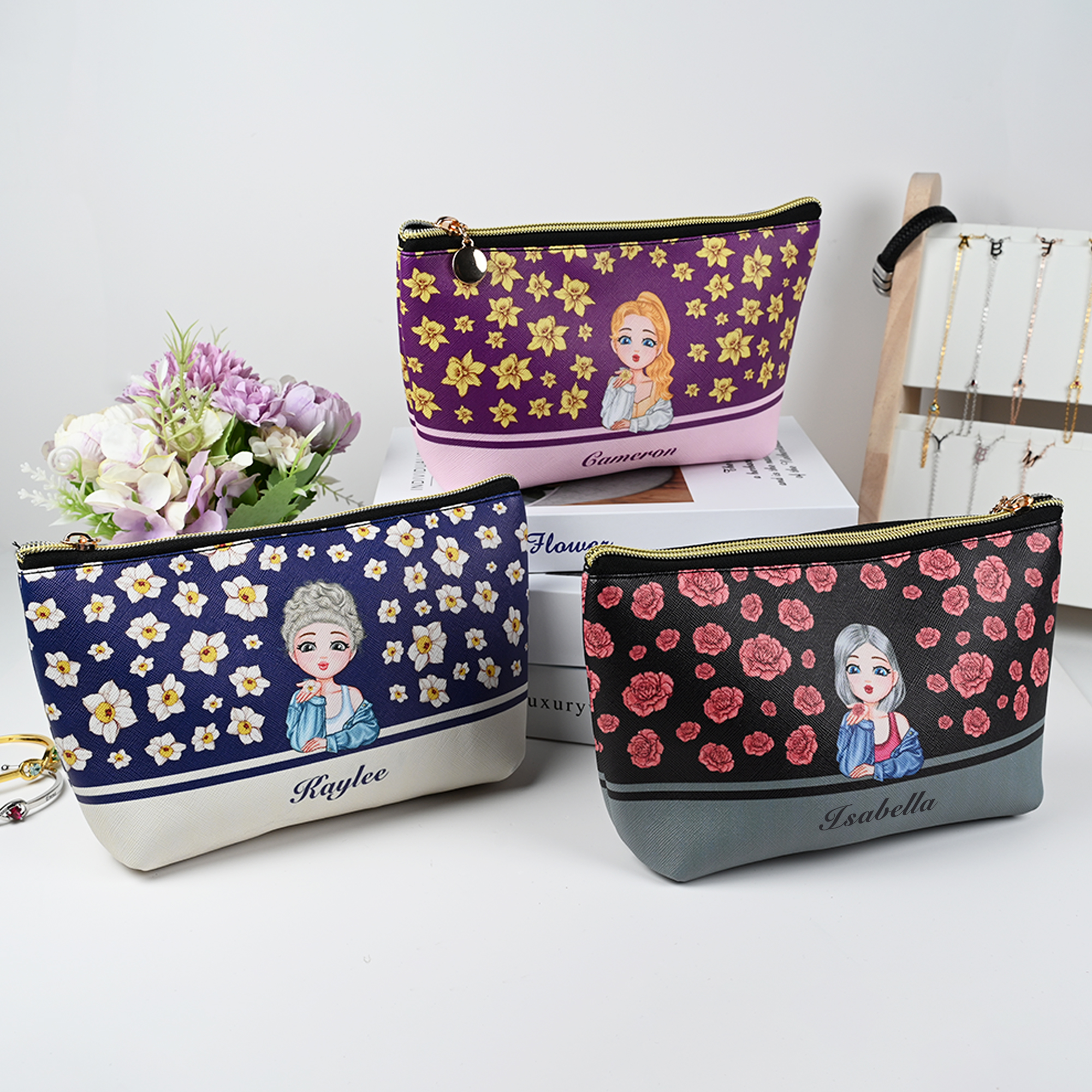 Personalizzato Cartoon Girl Flying Birth Flower Portable Makeup Bag con ...