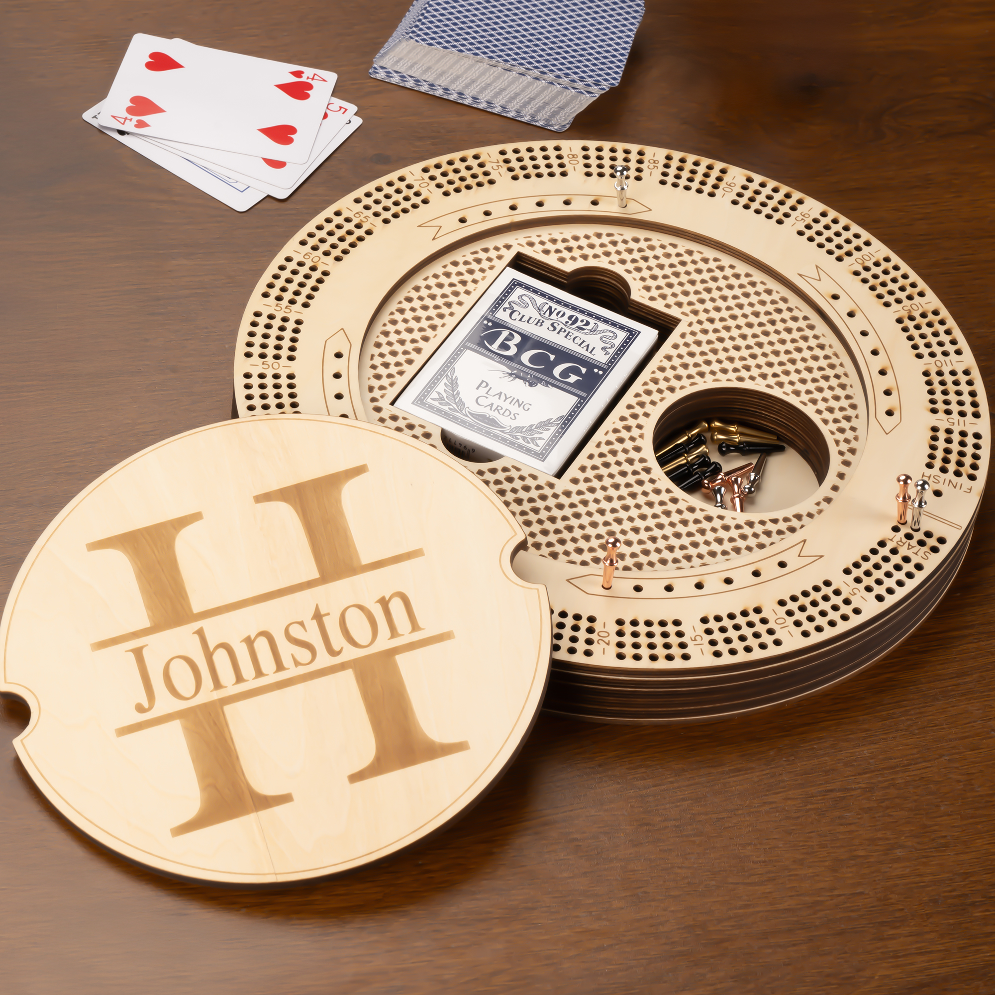 Personalized Monogram Wooden Cribbage Board Set with 4 Tracks and 16 ...
