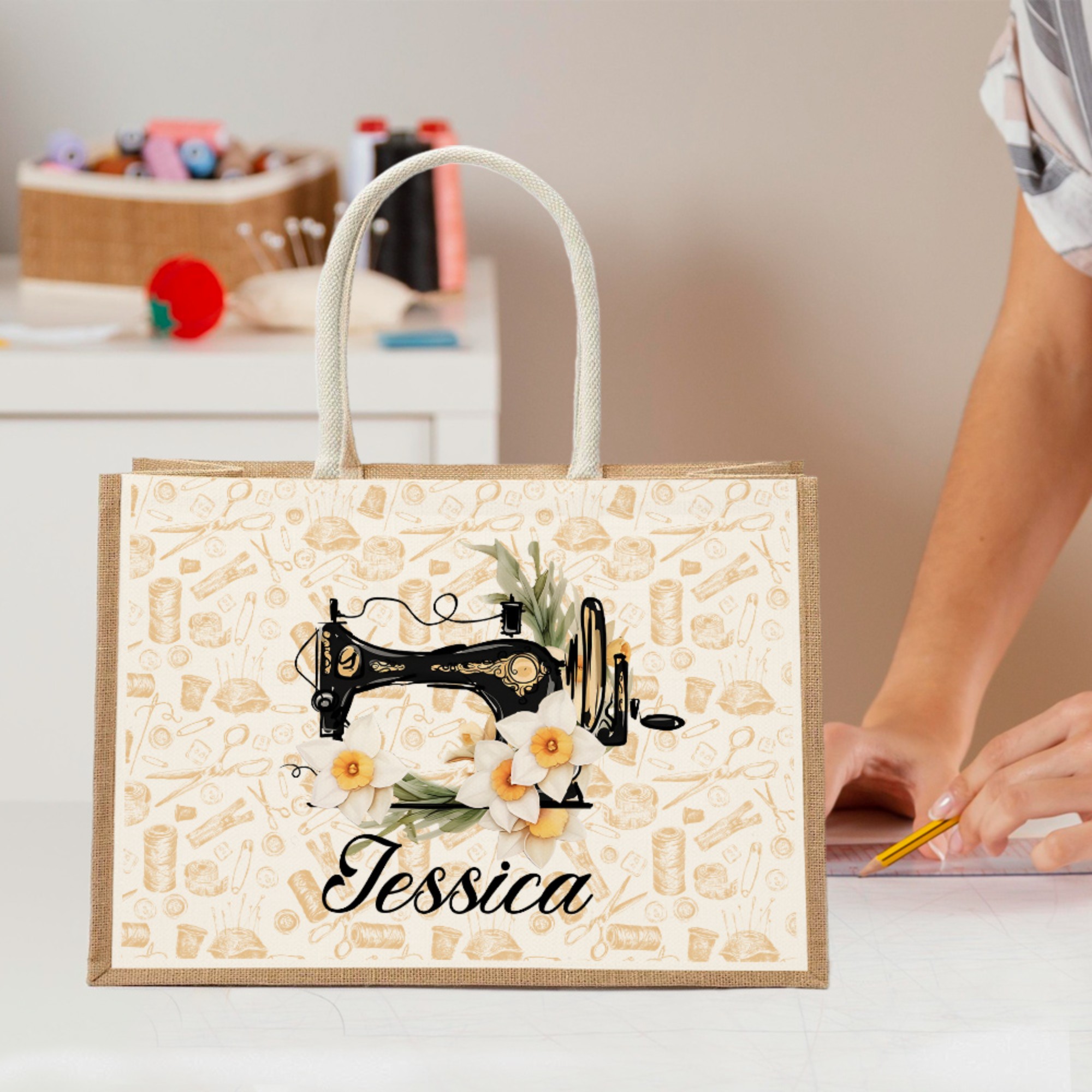 Personalized Sewing Machine Birth Flower Large Jute Tote Bag with Name ...