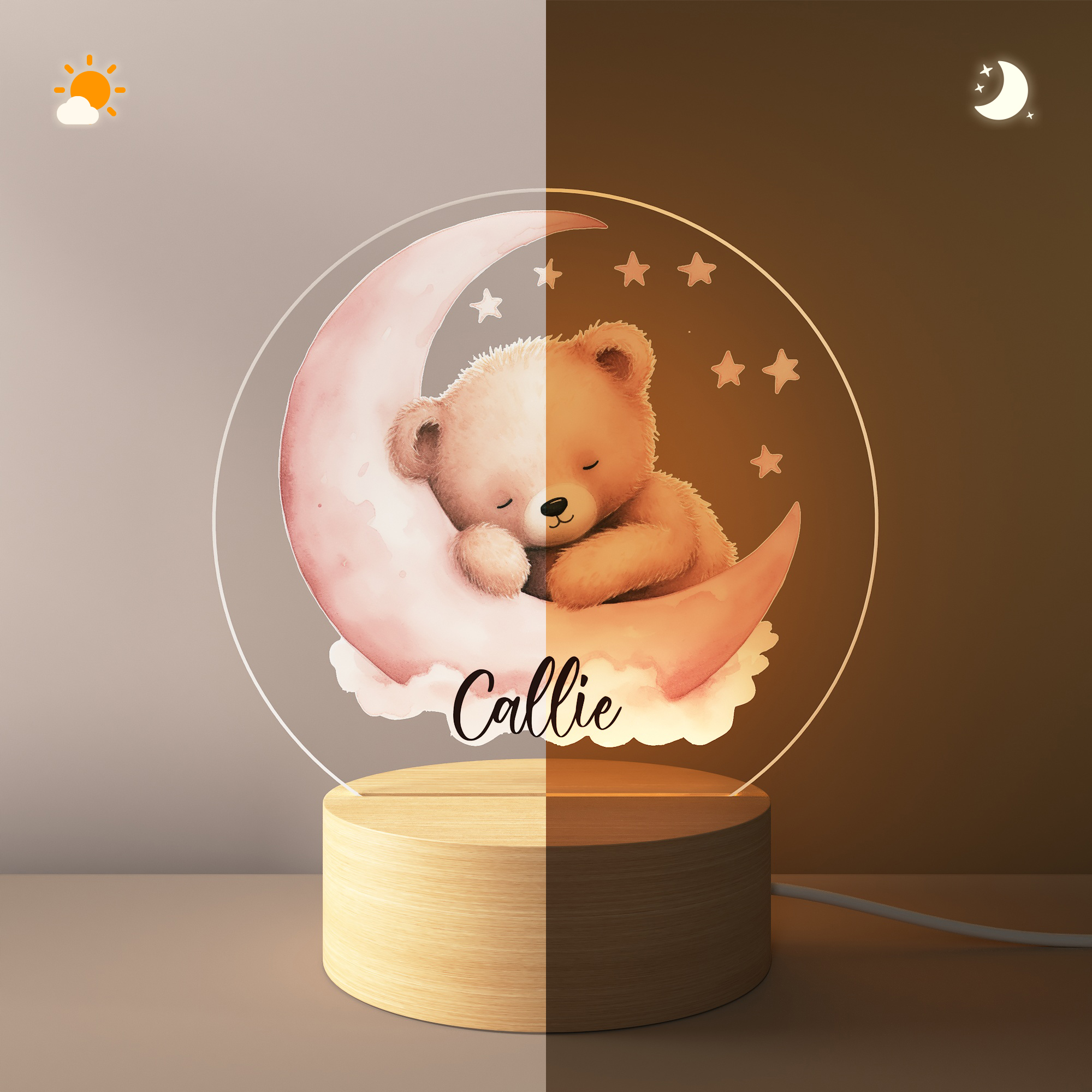 Personalised Moon Star Teddy Bear Acrylic LED Night Light with Wooden ...