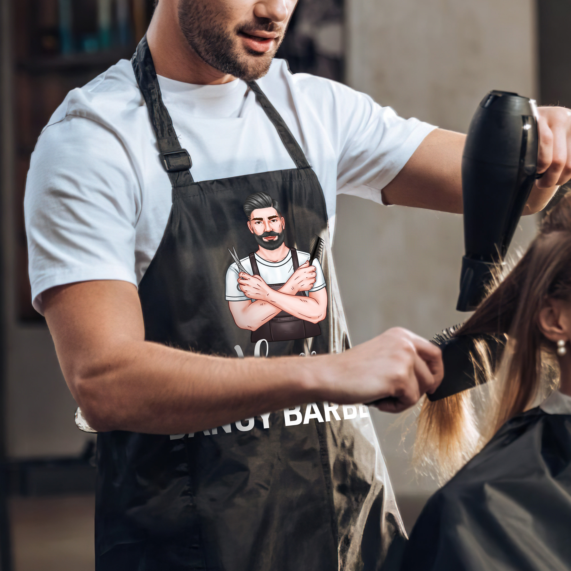 Personalised Cartoon Barber Character Adjustable Apron with Name and ...