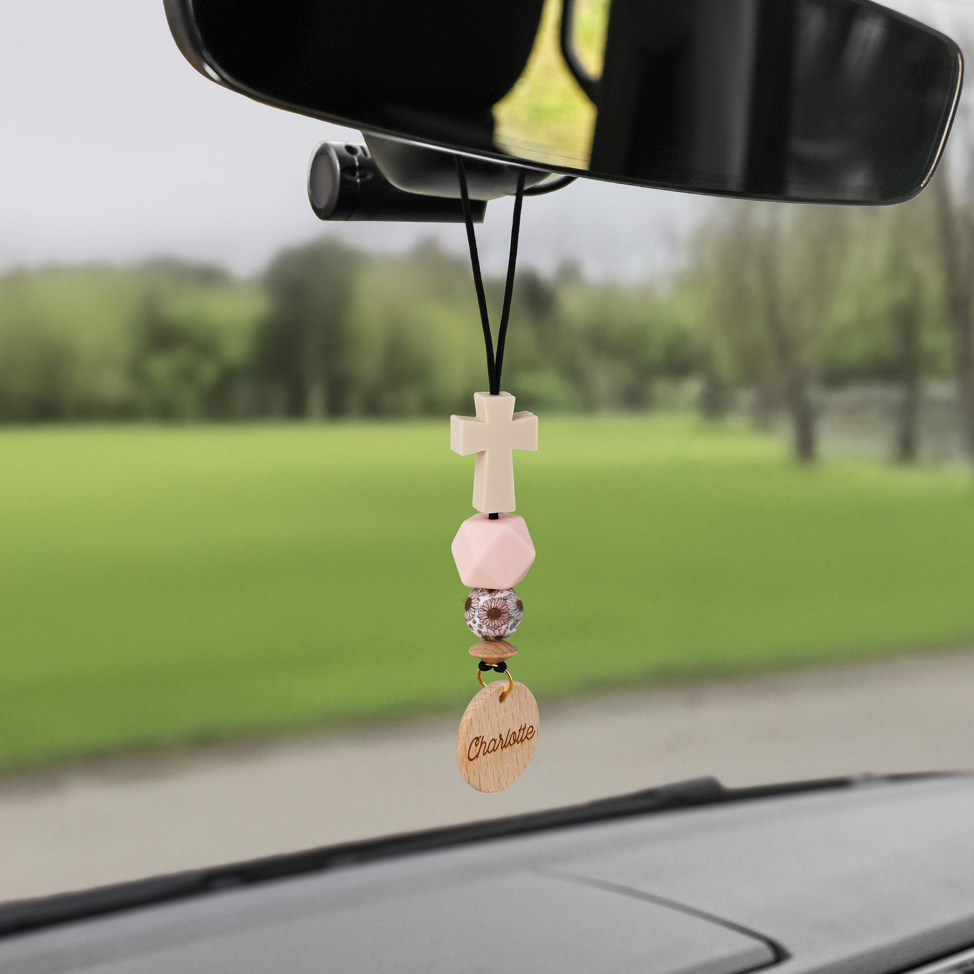Personalized Silicone Cross Beech Wooden Car Hanging Ornament with ...