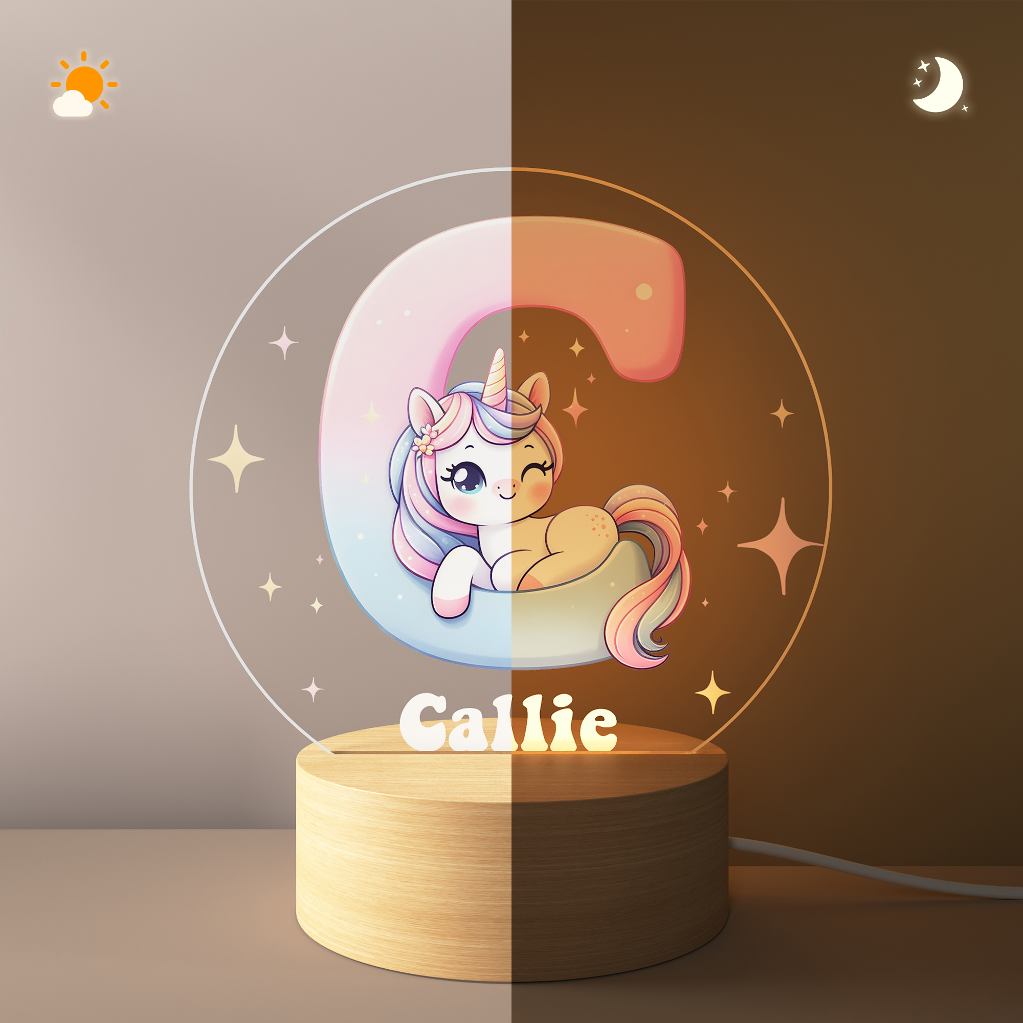 Personalised Fantasy Unicorn Initial LED Night Light with Wooden Base ...
