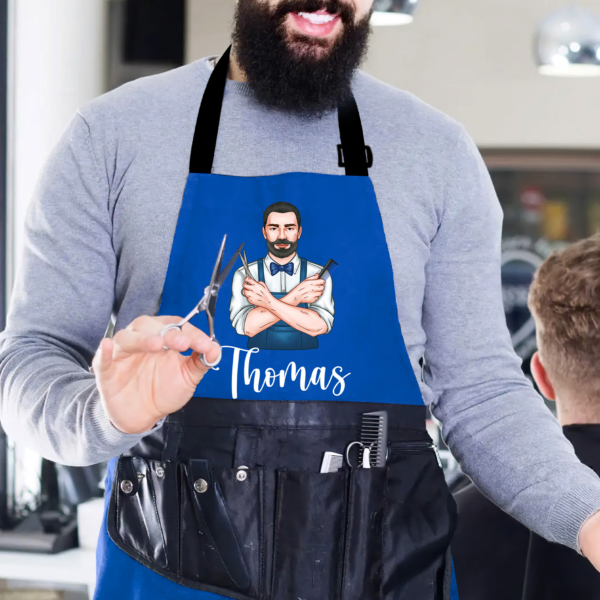Personalised Cartoon Barber Character Adjustable Apron with Name and ...