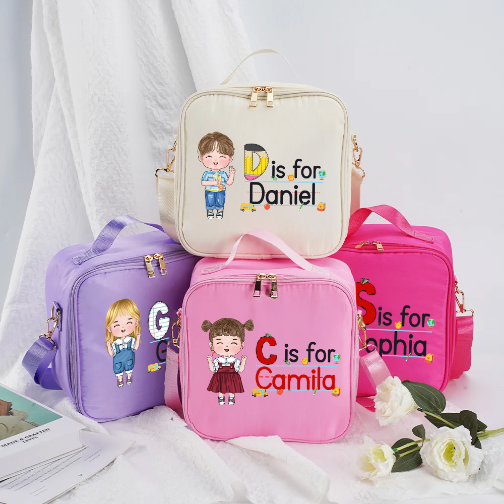 Personlig, isolerad lunchväska med namn och bokstav för söta tecknade ...