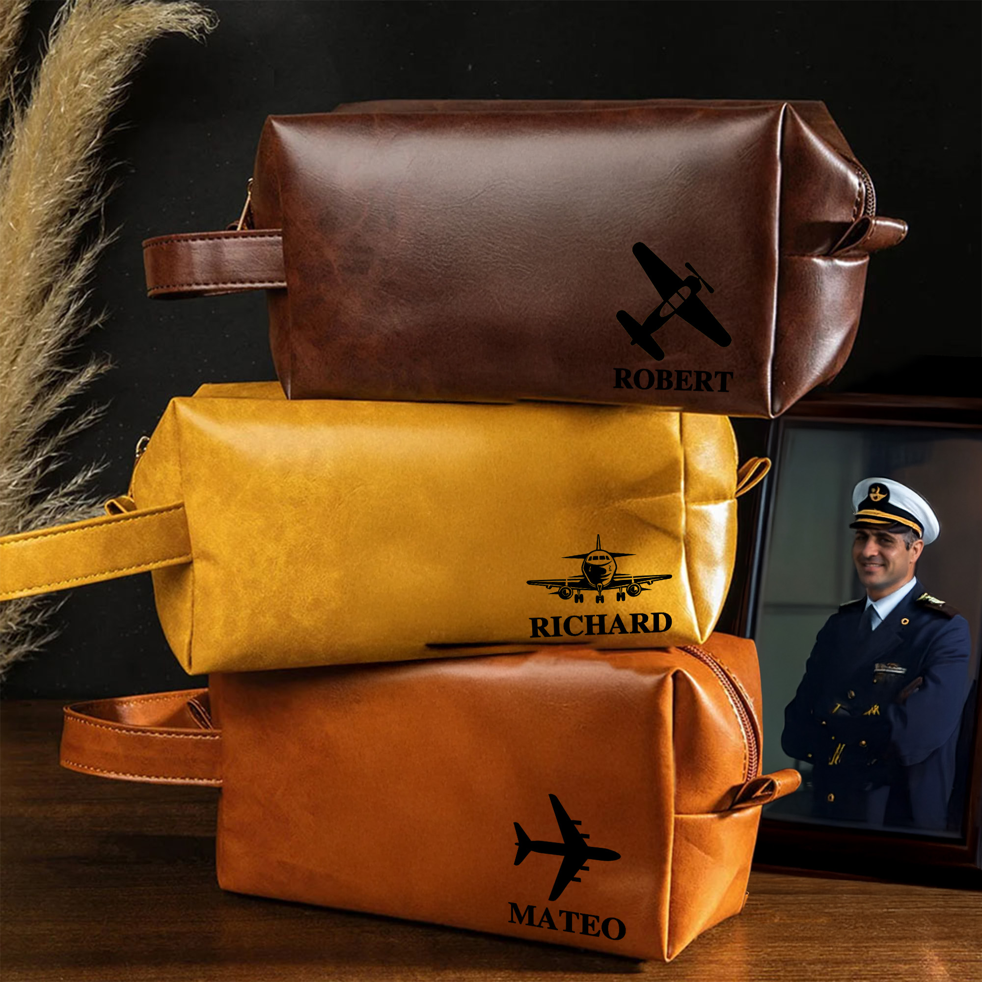Personalized Airplane Pilot Waterproof PU Leather Large Toiletry Bag ...