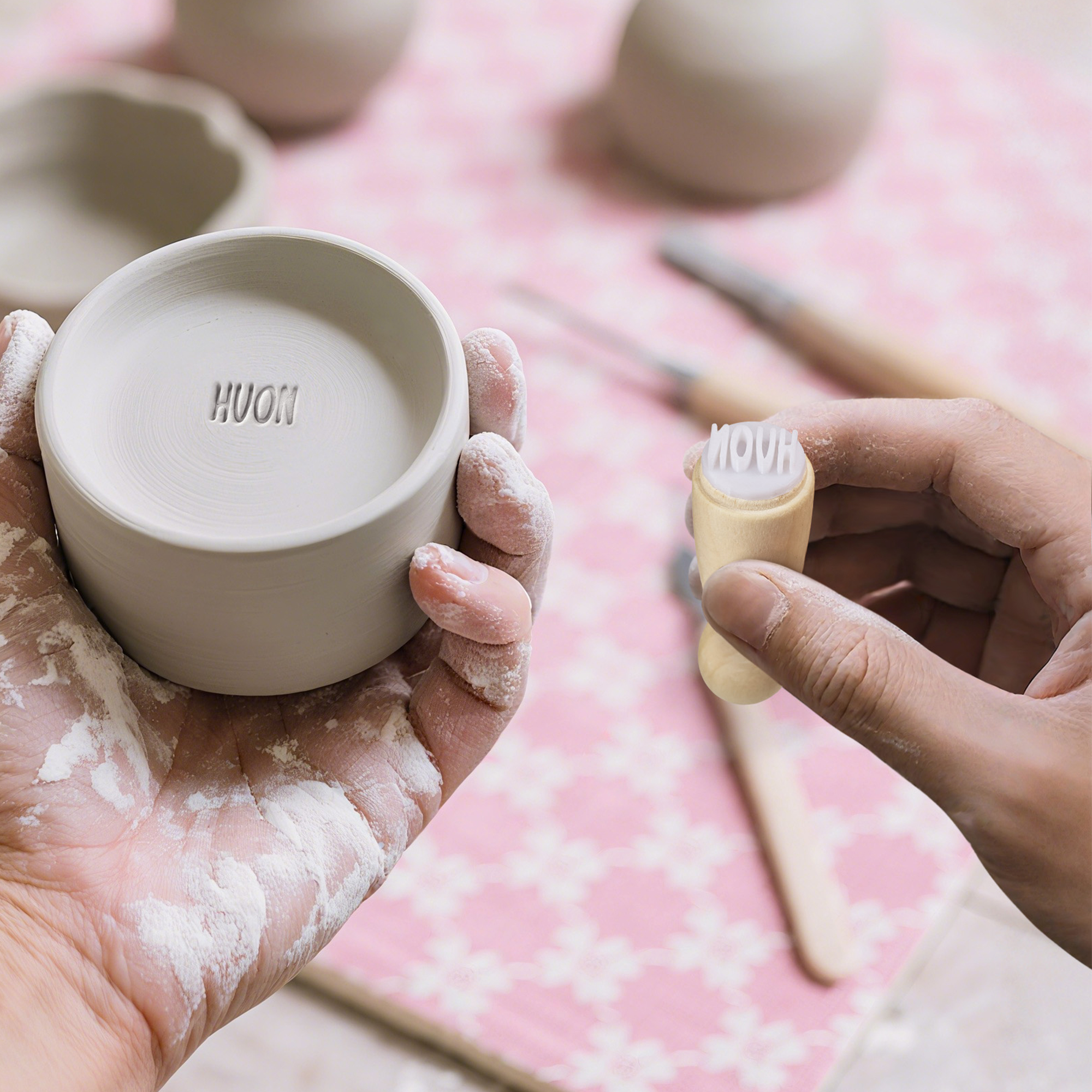 Personalised Clay Pottery Stamp with Text and Wood Round Handle ...