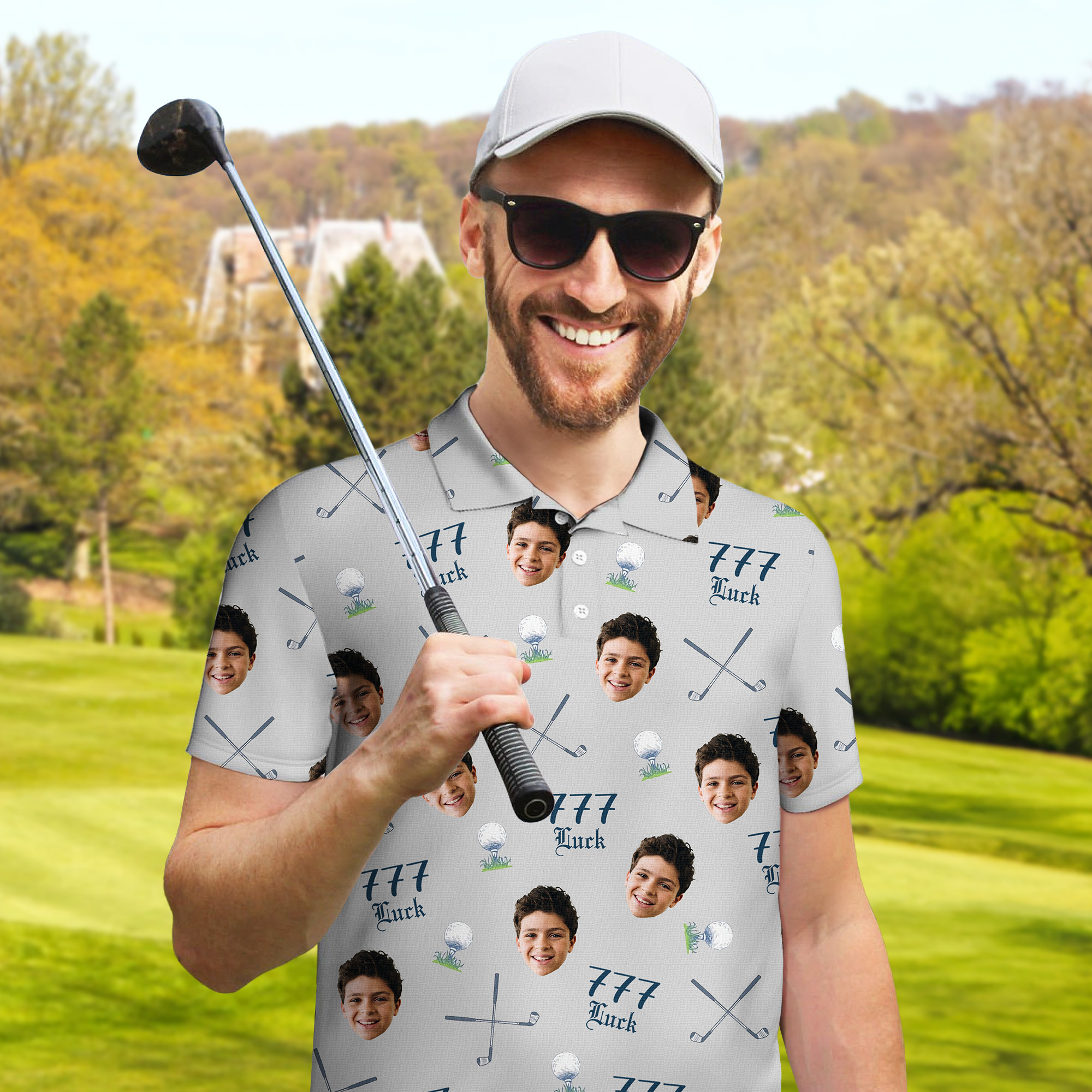 Personalized Golf Theme Face Photo Breathable Polo Shirt with Lucky ...