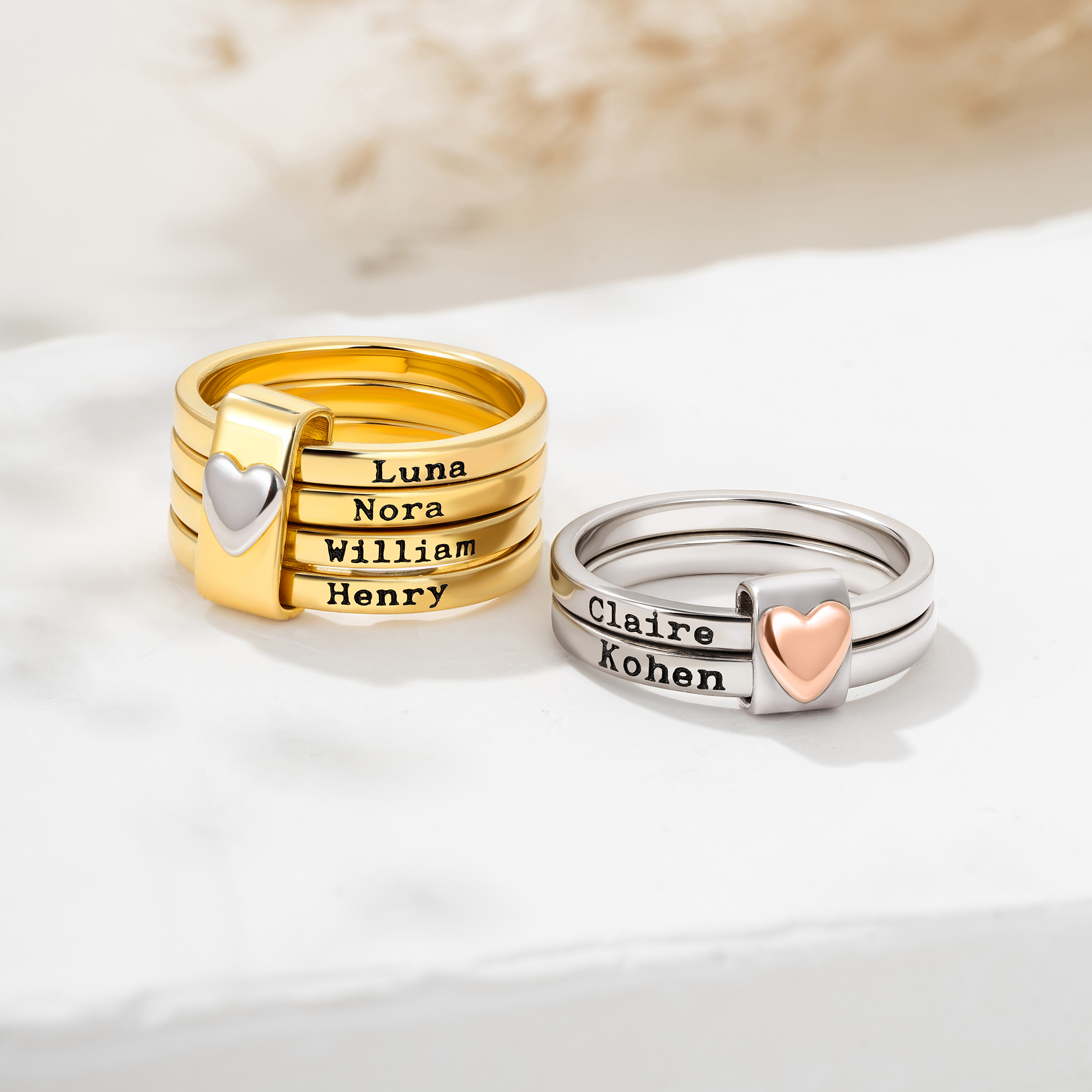 Personalized Sterling Silver Heart Women Stacking Rings with Engraved 2 ...
