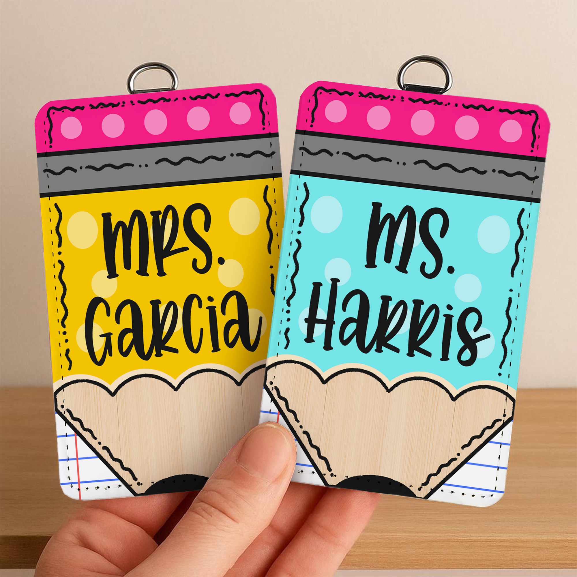 Personalized Polka Dots Pencil Design PU Leather ID Badge Holder with ...