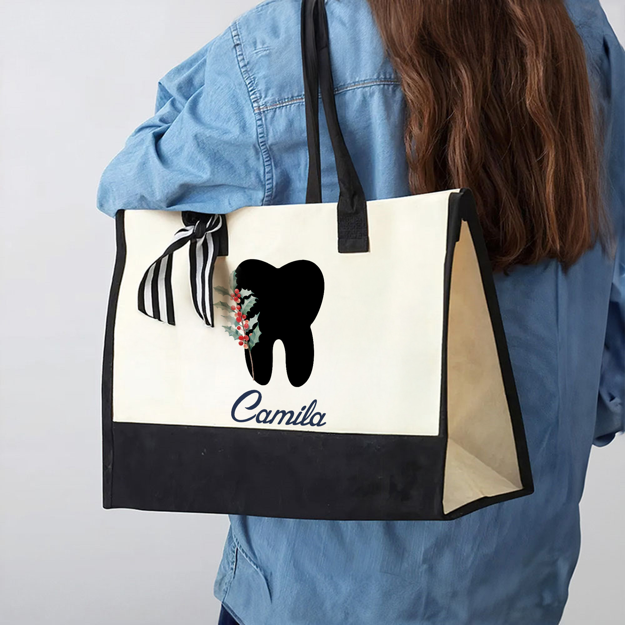 Personalized Birth Flower Tooth Black and White Large Canvas Tote Bag ...