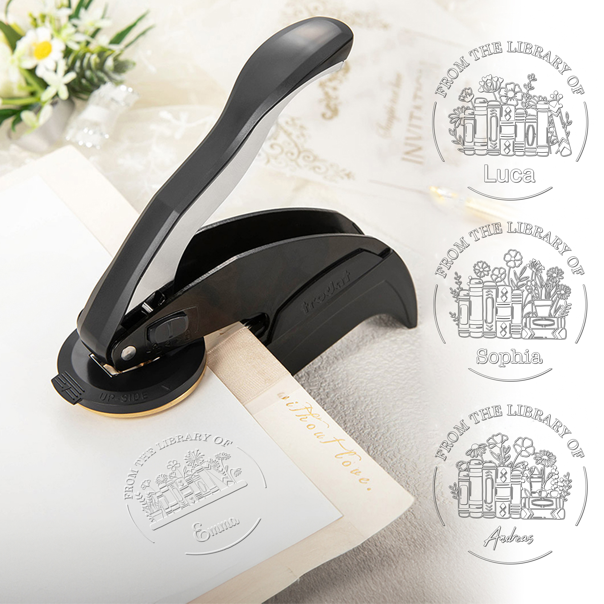 Gepersonaliseerde Florale Boek Embossing Stempel Zwart Hand-Held ...