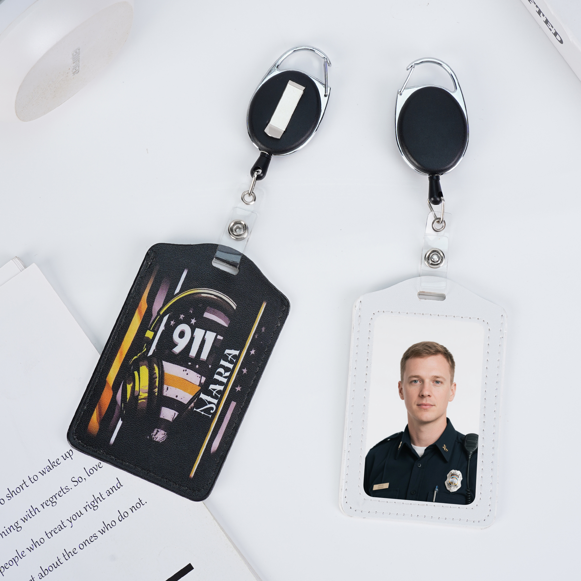 Personalised Police Dispatch Theme Thin Gold Line PU Leather ID Badge ...