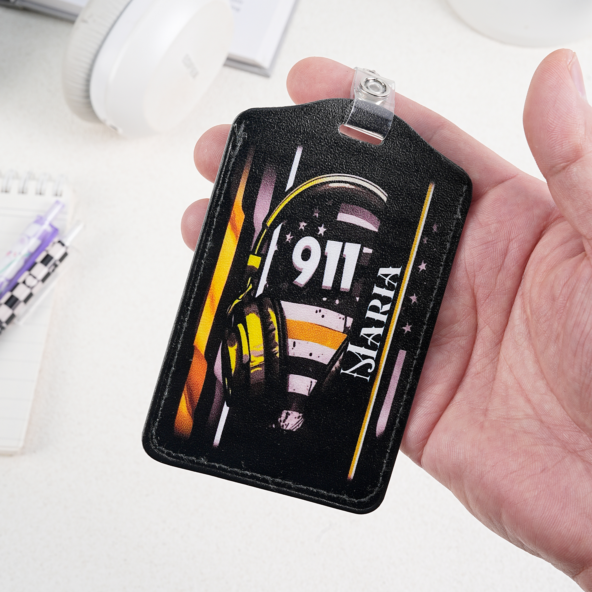 Personalized Police Dispatch Theme Thin Gold Line PU Leather ID Badge ...