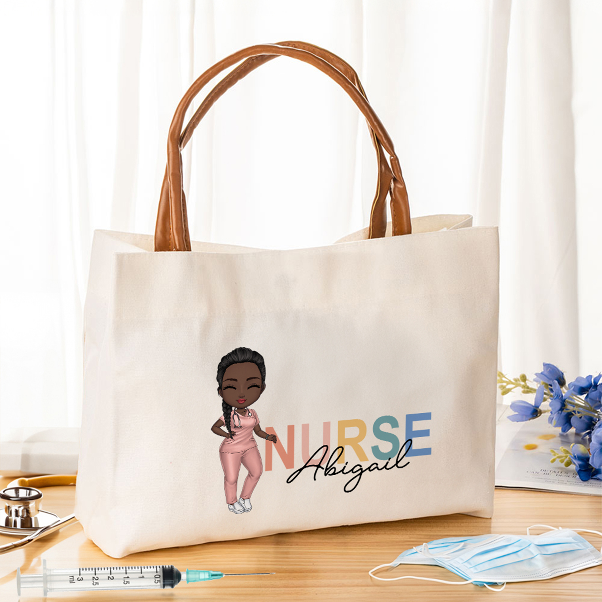 Personalizzato Cartoon Character Canvas Tote Bag con maniglia in pelle ...