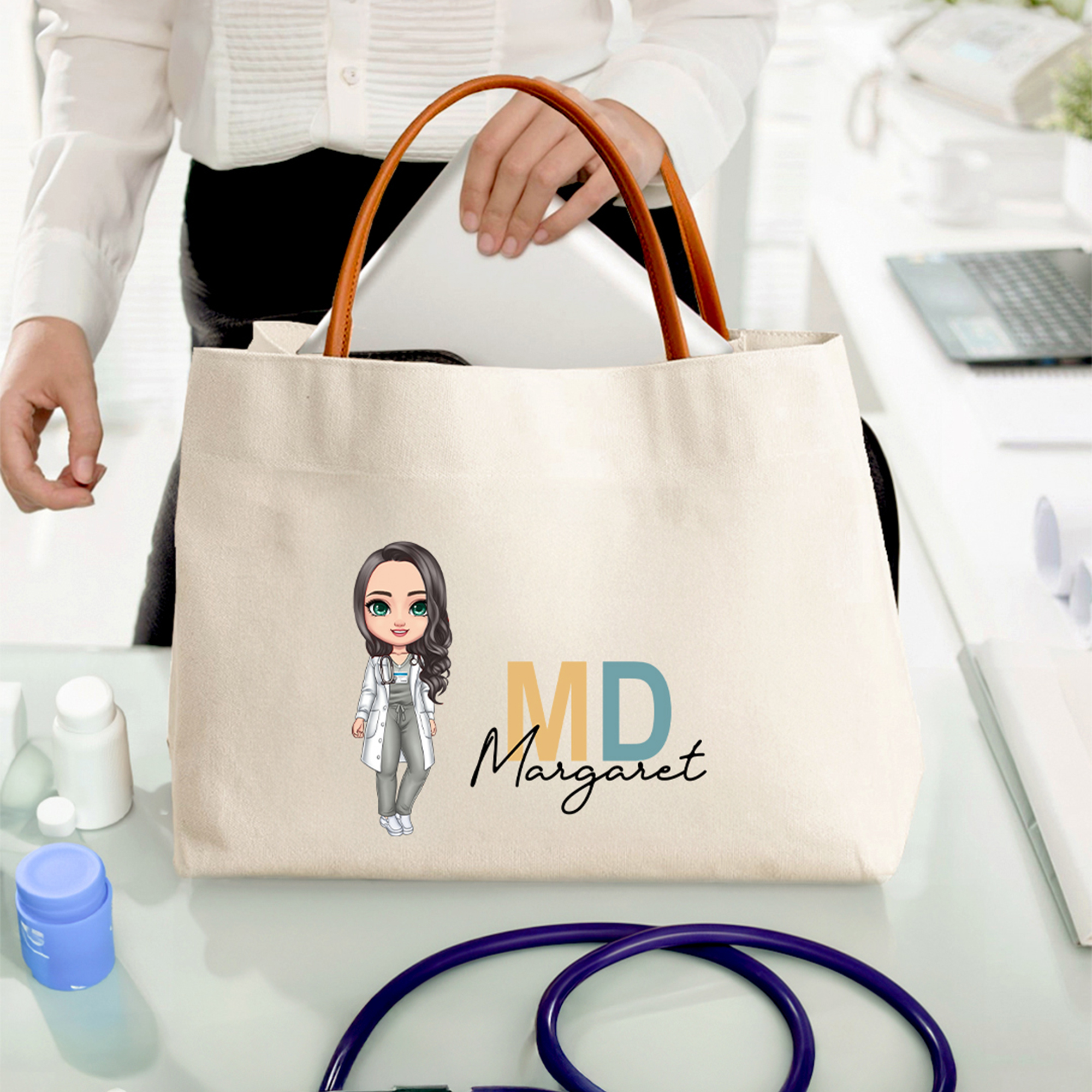 Personalizzato Cartoon Character Canvas Tote Bag con maniglia in pelle ...