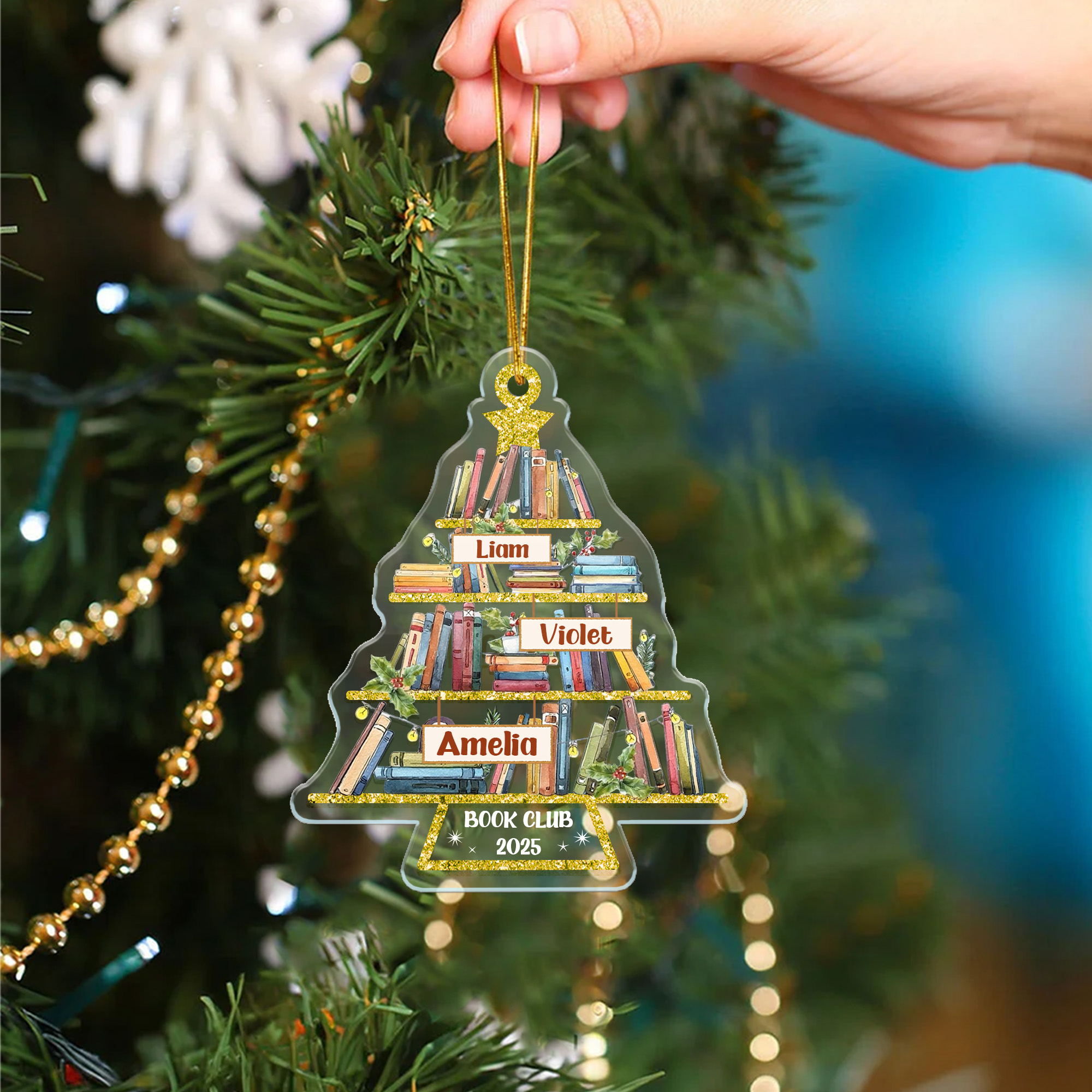 Personalised Book Club Christmas Tree Clear Acrylic Ornament with 1-9 ...