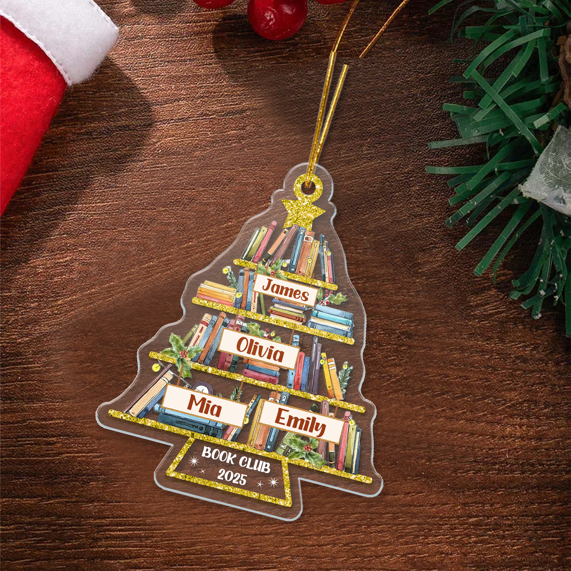 Personalized Book Club Christmas Tree Clear Acrylic Ornament with 1-9 ...