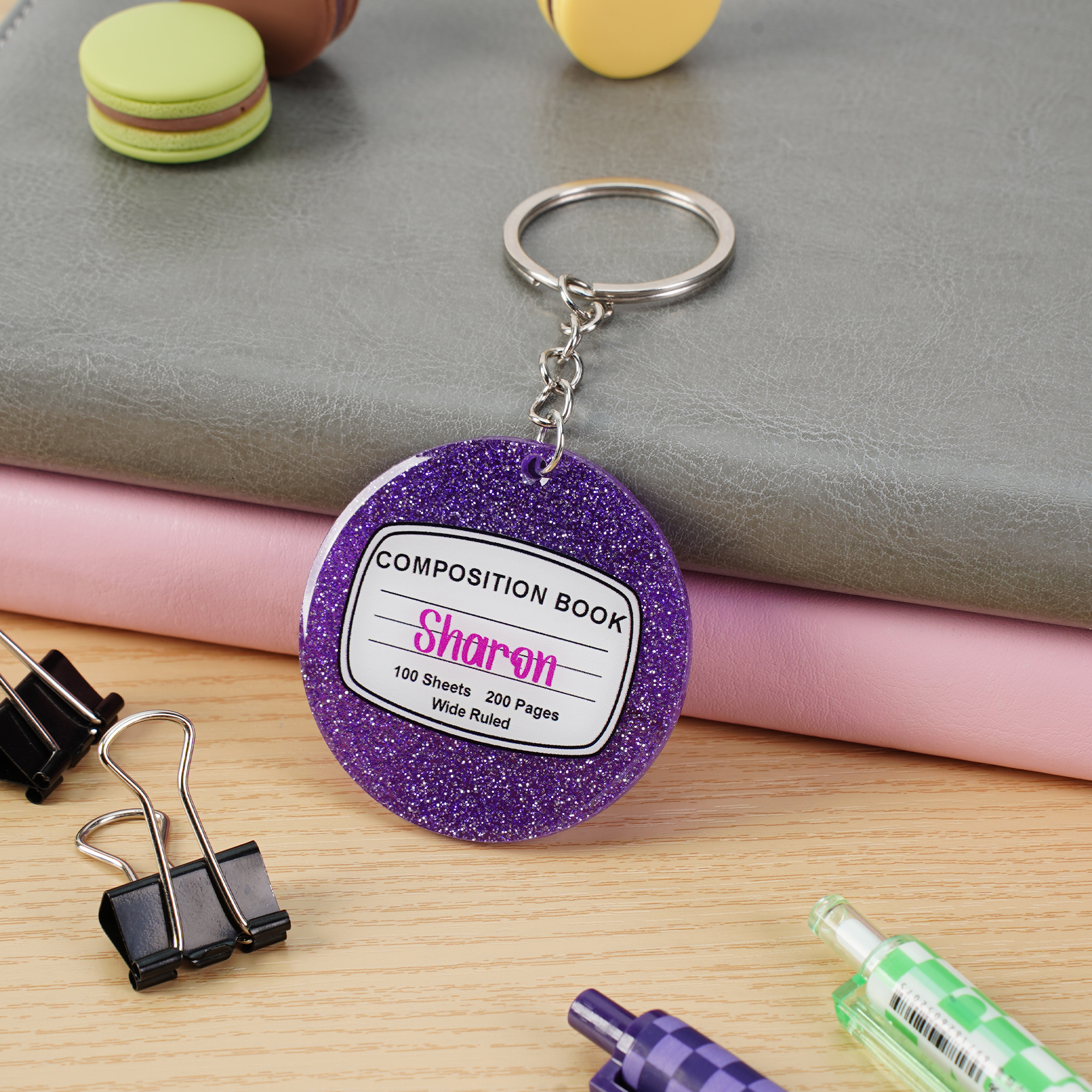 Personalized Glitter Composition Book Acrylic Keychain with Text ...