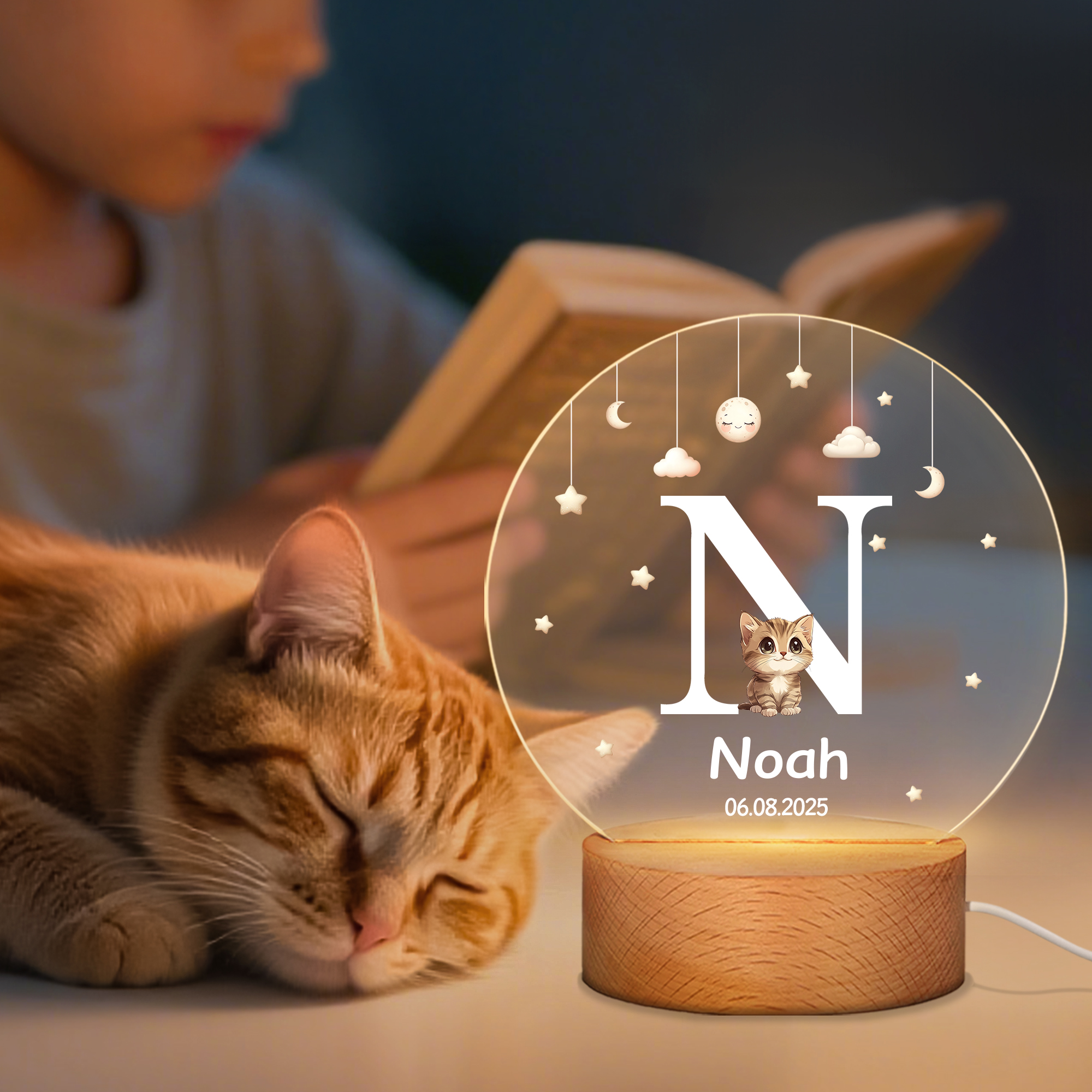 Personalized Cute Animal Dog Cat LED Night Light with Name and Wooden ...
