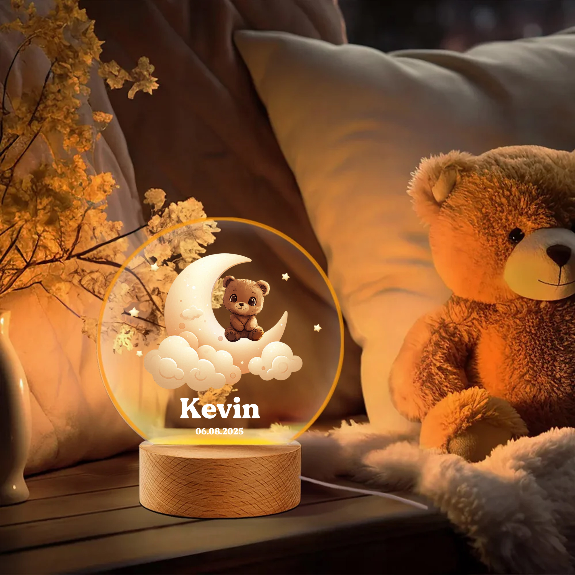 Luce notturna a LED personalizzata con nome e base in legno design con ...