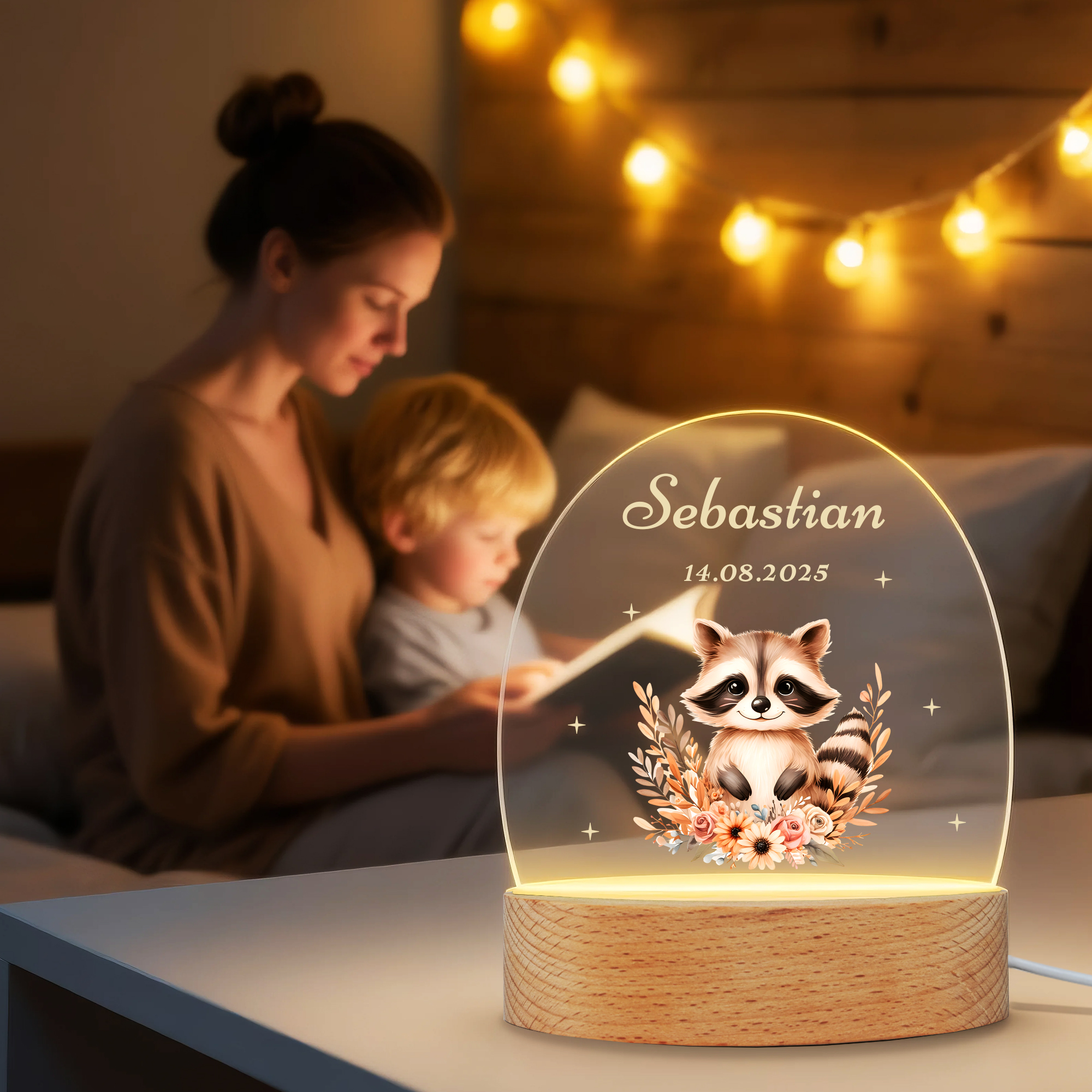 Personalized Bear Fox Cute Animal LED Night Light with Wooden Base and ...
