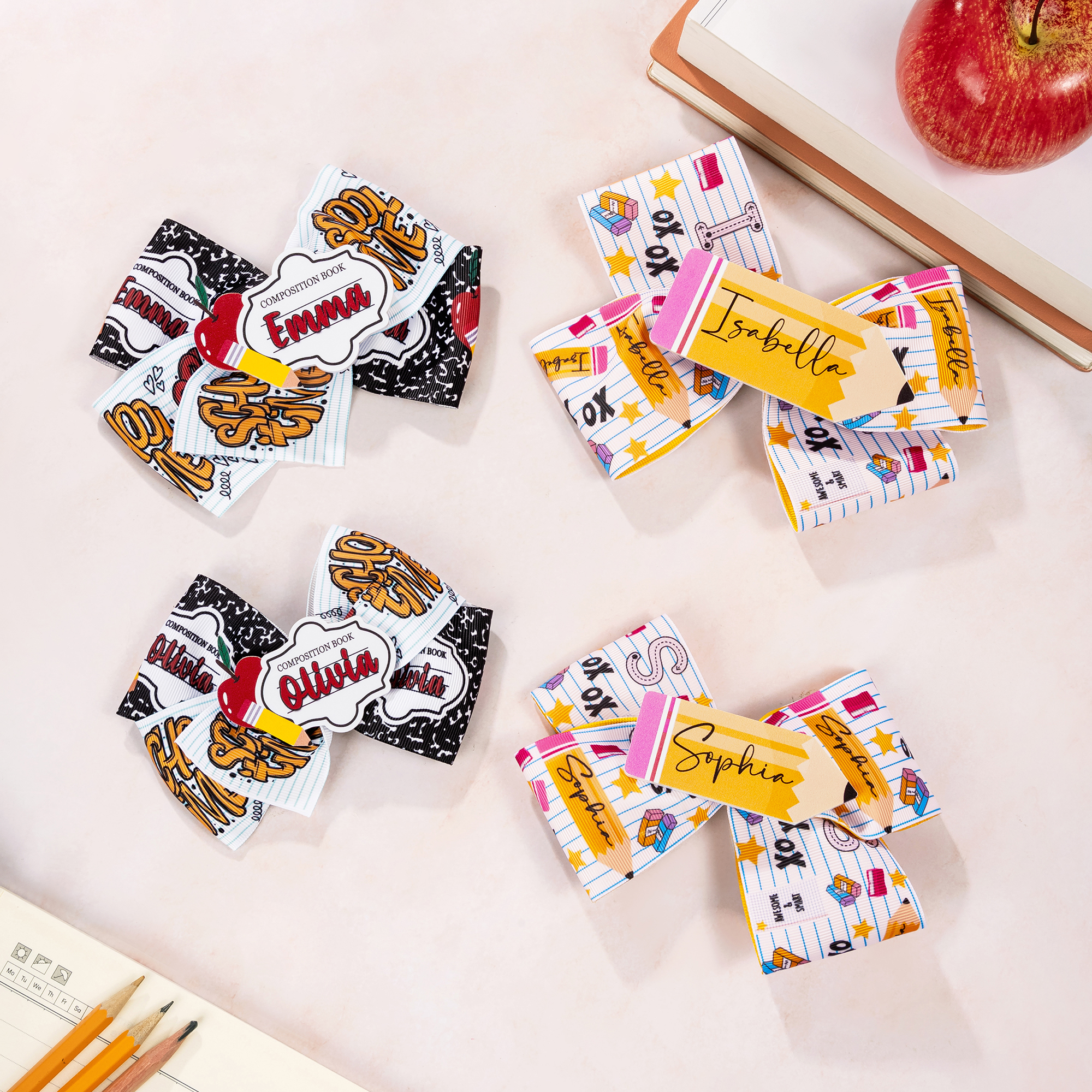 Personalized Pencil Composition Book Design Hair Bow Clip with Name and ...