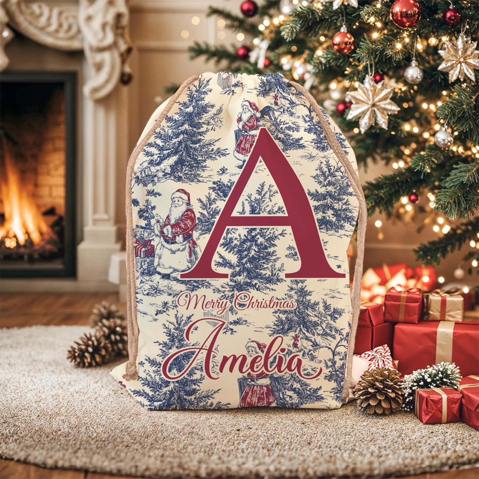 Personalised Vintage Toile De Jouy Santa Claus Initial Canvas ...