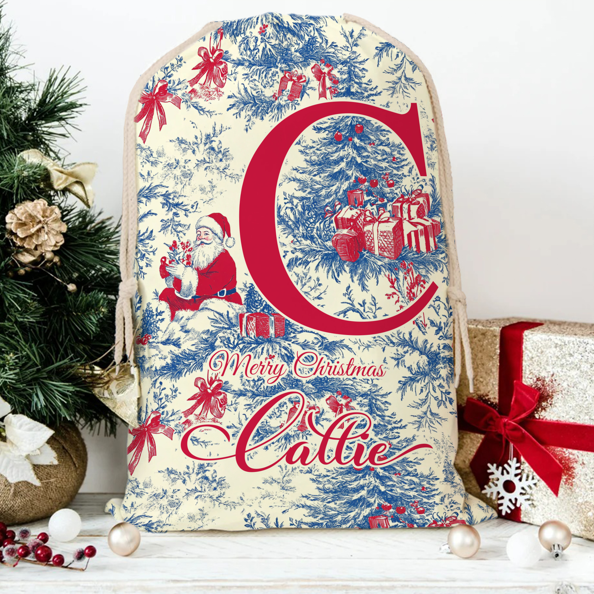 Personalized Vintage Toile De Jouy Santa Claus Initial Canvas ...