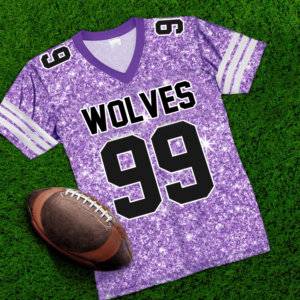 Personalized Multicolor Faux Glitter Football V-Neck Team Jersey with ...