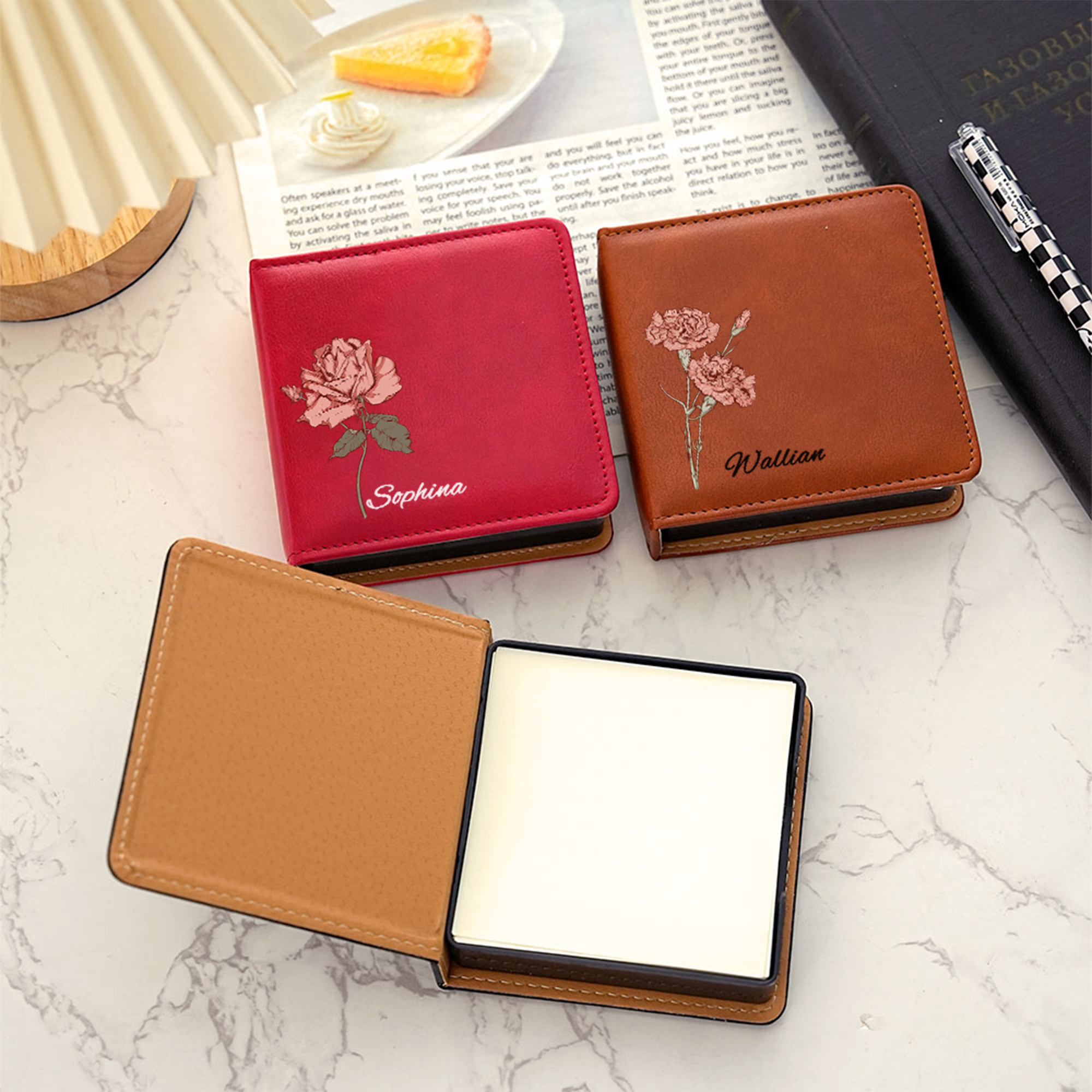 Personalised Birth Flower PU Leather Classic Sticky Notepad Holder with ...